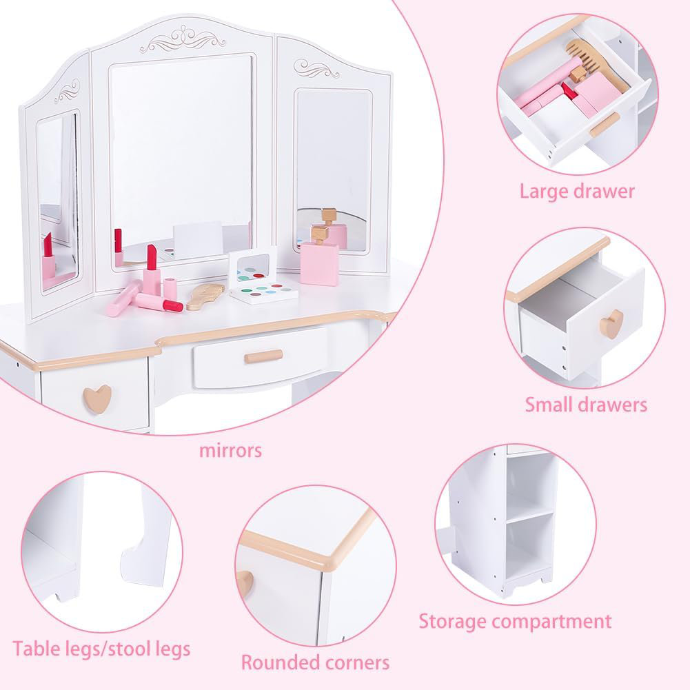 Harriet Bee Kids Vanity Set with Mirror, Drawers & Stool – Pretend ...