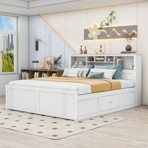 Lark Manor™ King Wooden Platform Bed with 2 Drawers and USB and Shelves ...