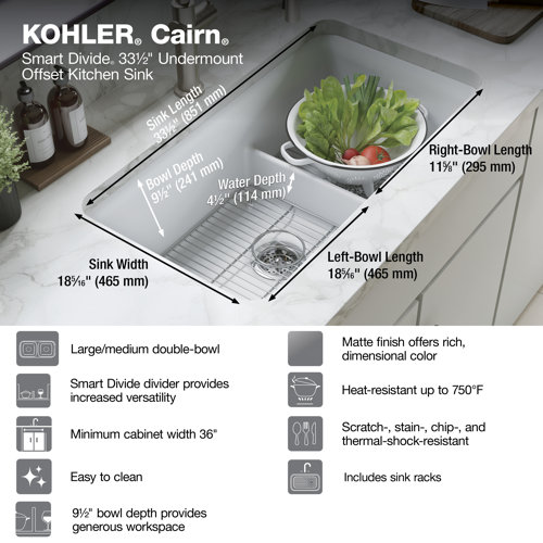 Kohler Cairn Smart Divide 33-1/2" Undermount Kitchen Sink | Wayfair