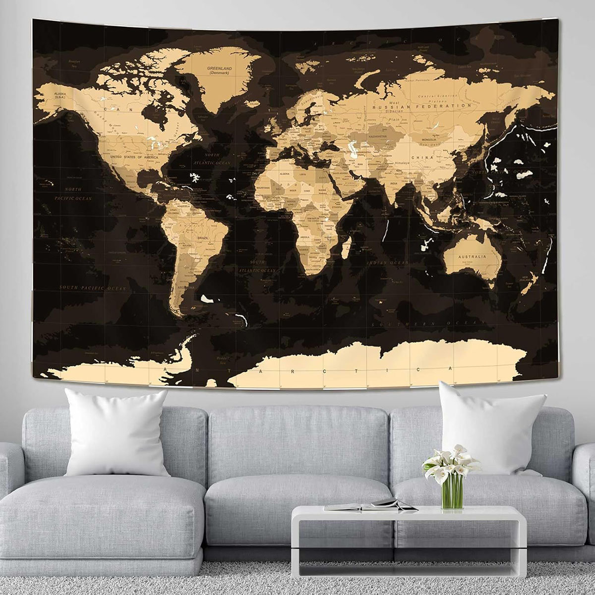 East Urban Home Old World Map Tapestry, Black Map Educational Wall ...