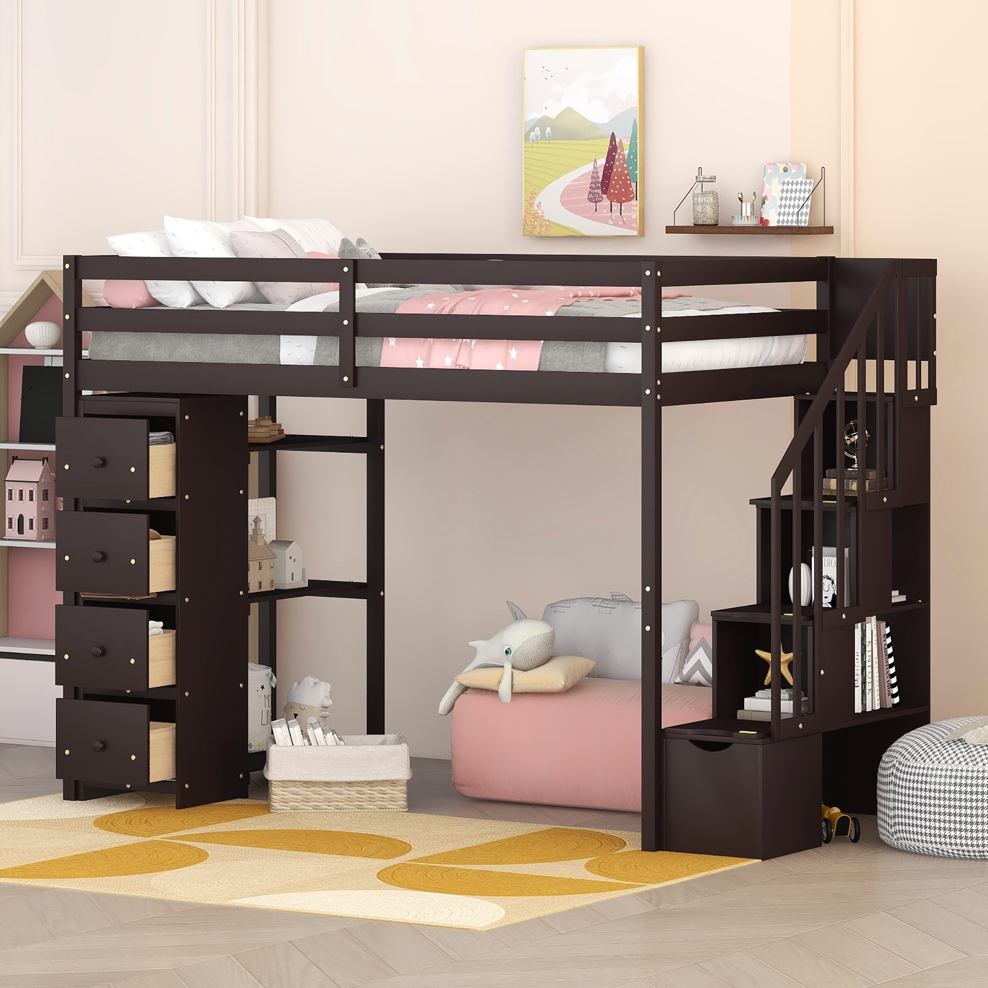 Harriet Bee Twin Size Loft Bed With Storage Drawers And Stairs, Wooden ...