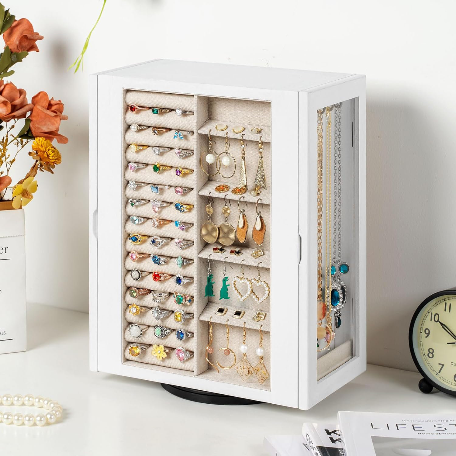 Latitude Run® 360° Rotating Jewelry Organizer Box , Rustic Wooden ...