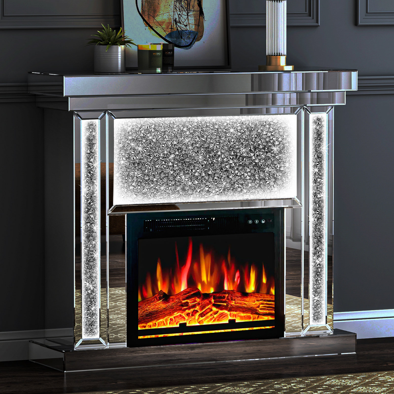 Everly Quinn Diamonds Mirrored Electric Fireplace & Reviews | Wayfair