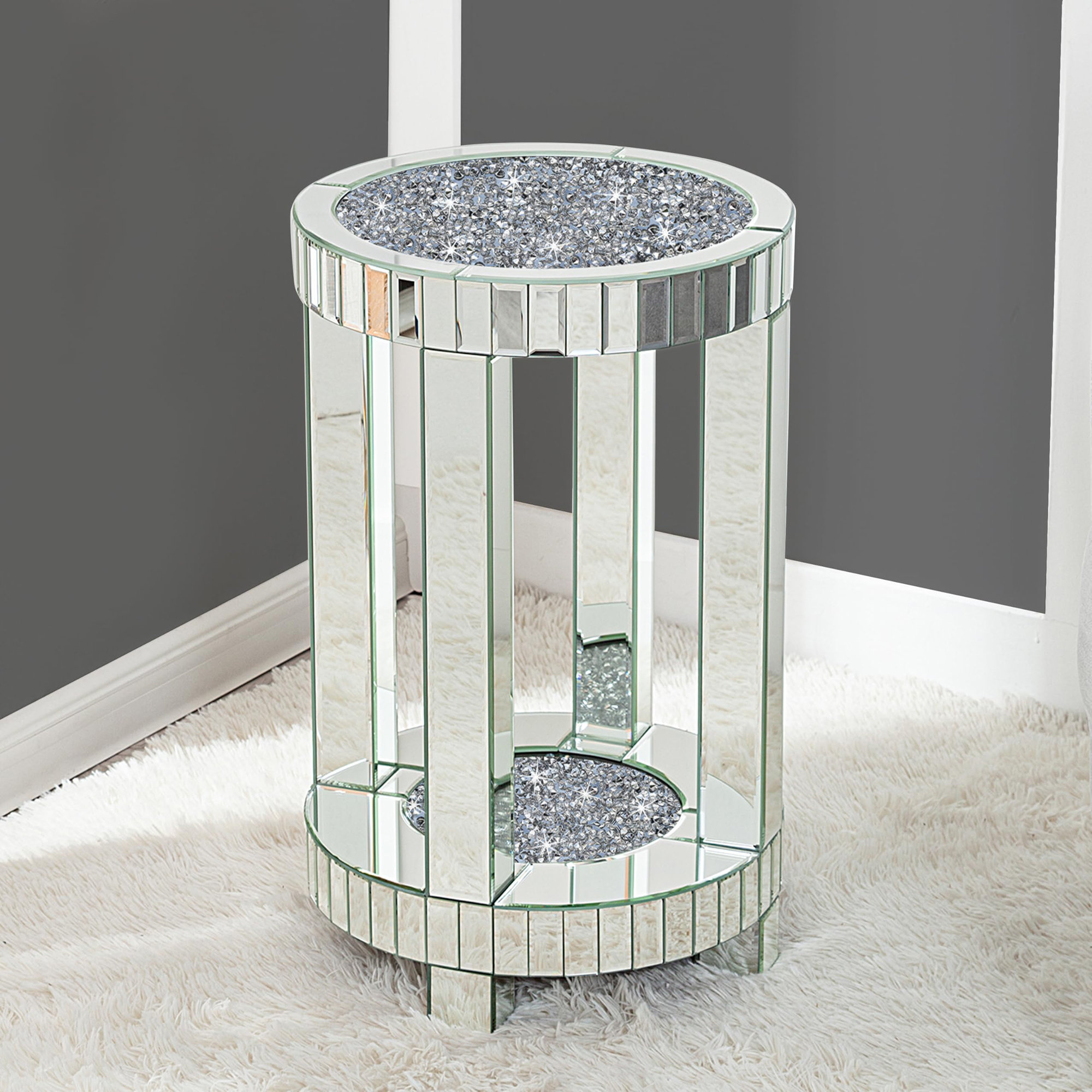 NIDOST 2-Tier Mirrored Round End Table with Crystals Inlay - Storage ...