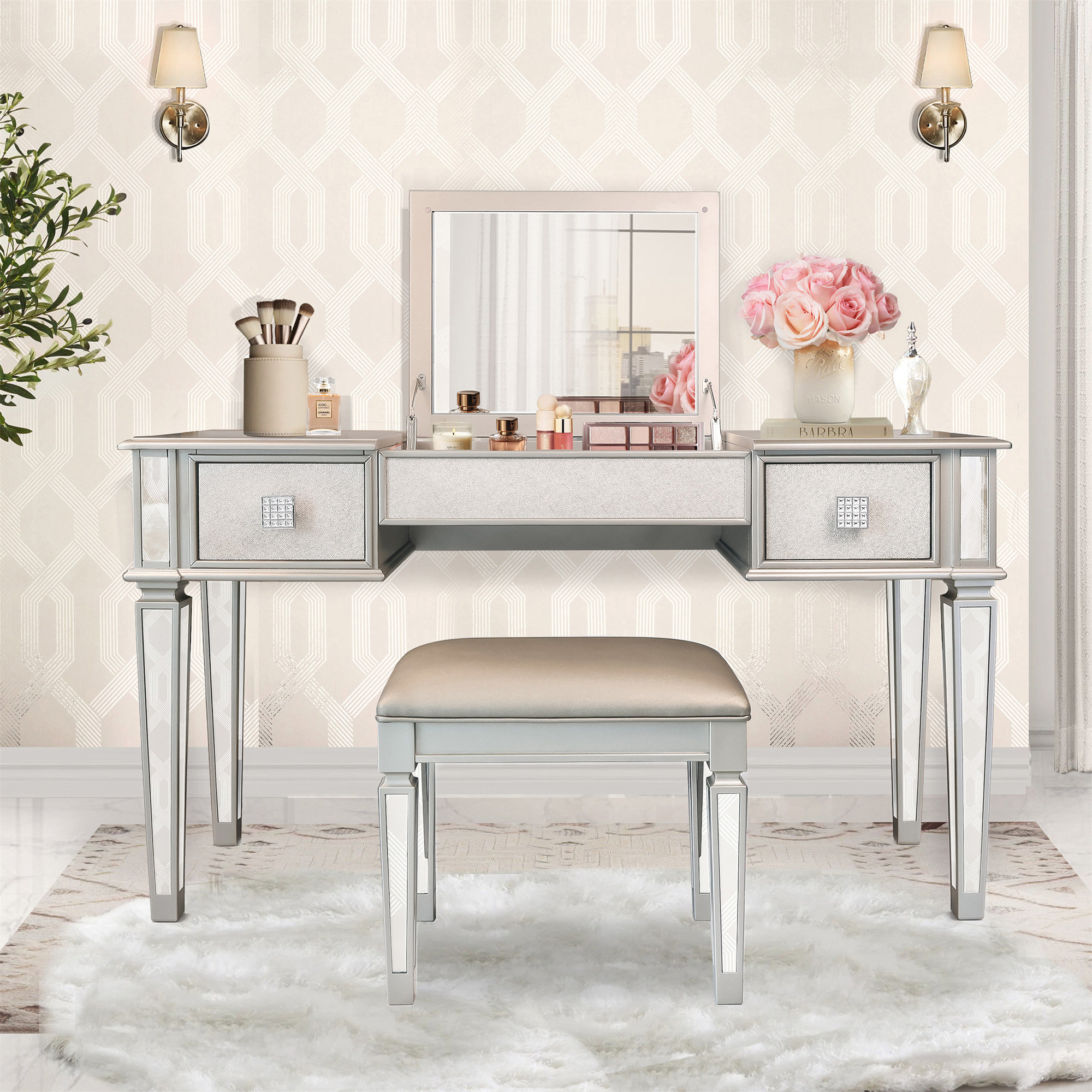 Rosdorf Park Mirrored Vanities Desk With Drawers, Bedroom Makeup Vanity ...