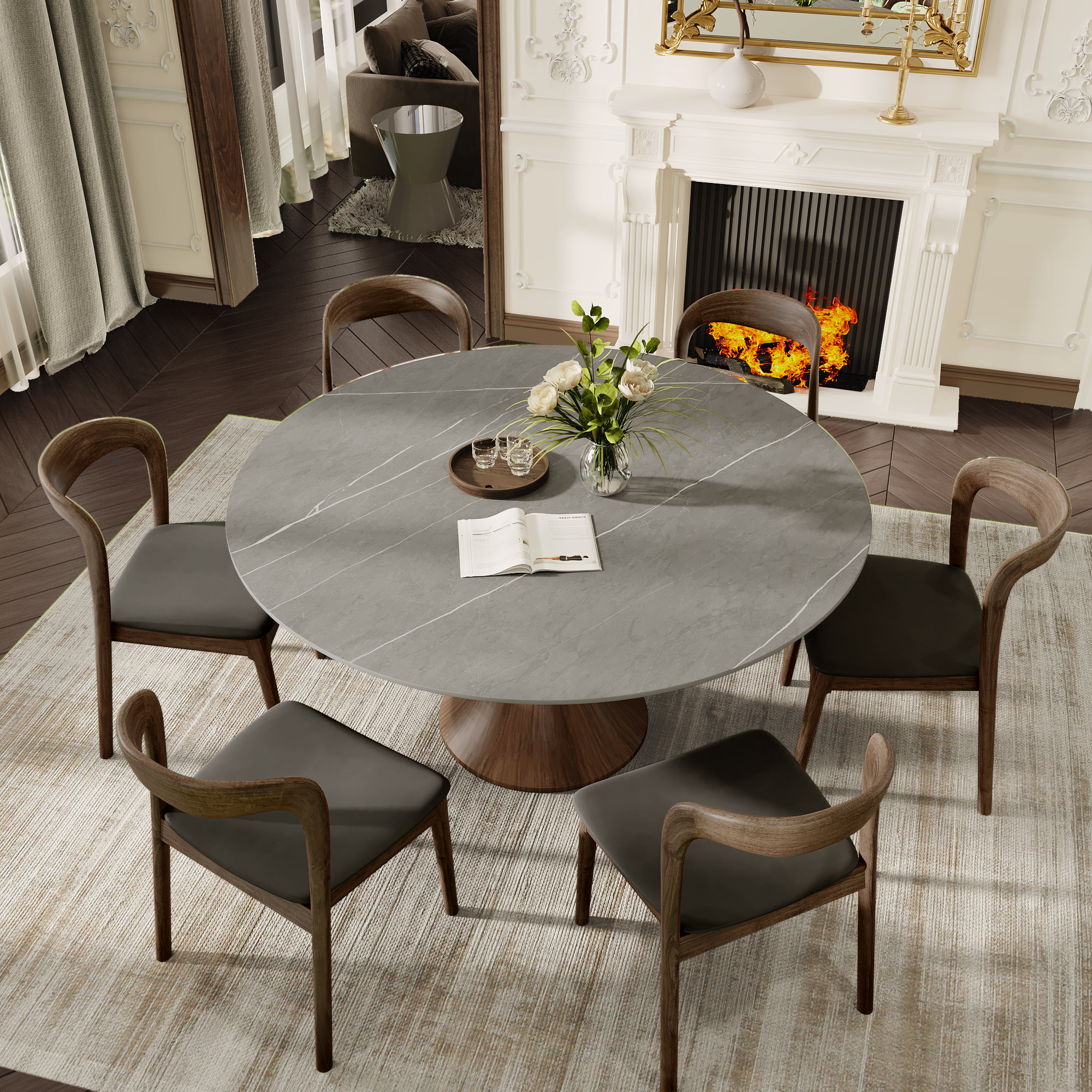 Corrigan Studio® 7Pcs Luxury Gray Sintered Stone Round Dining Table Set ...