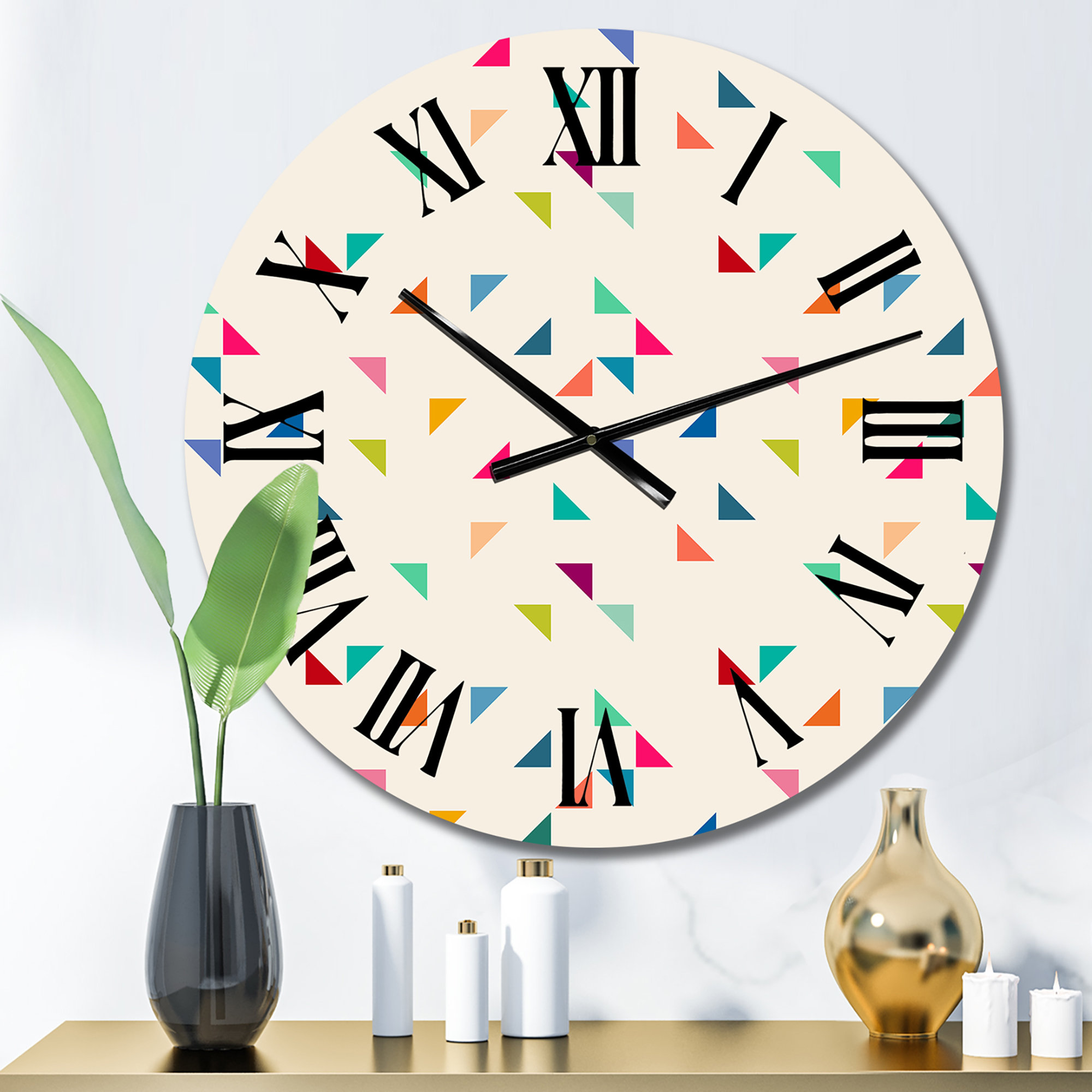 East Urban Home Multicolor Triangles on Yellow - Patterned Wall Clock ...
