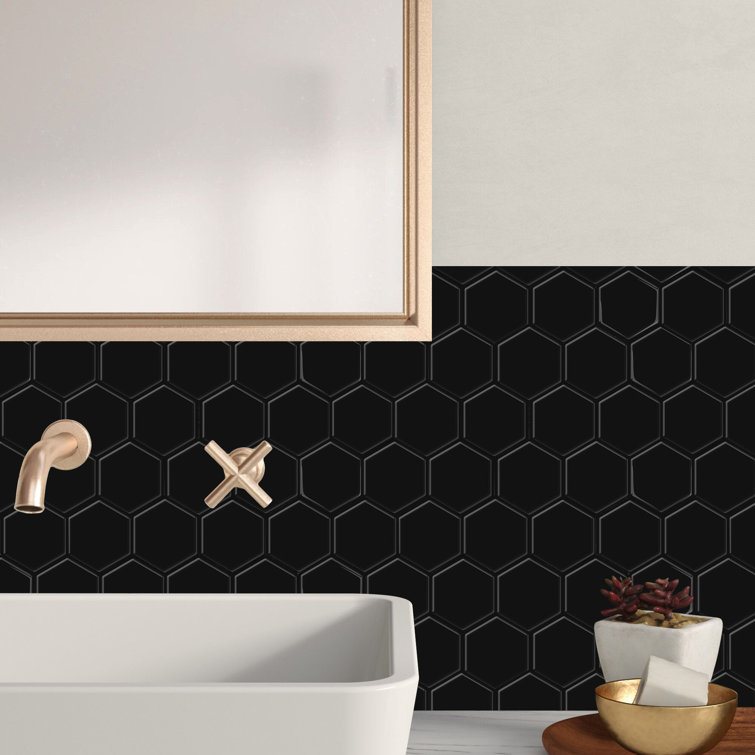 HOMEART Peel and Stick Mosaic Tile Black Hexagon Gel Backsplash 12'' W ...