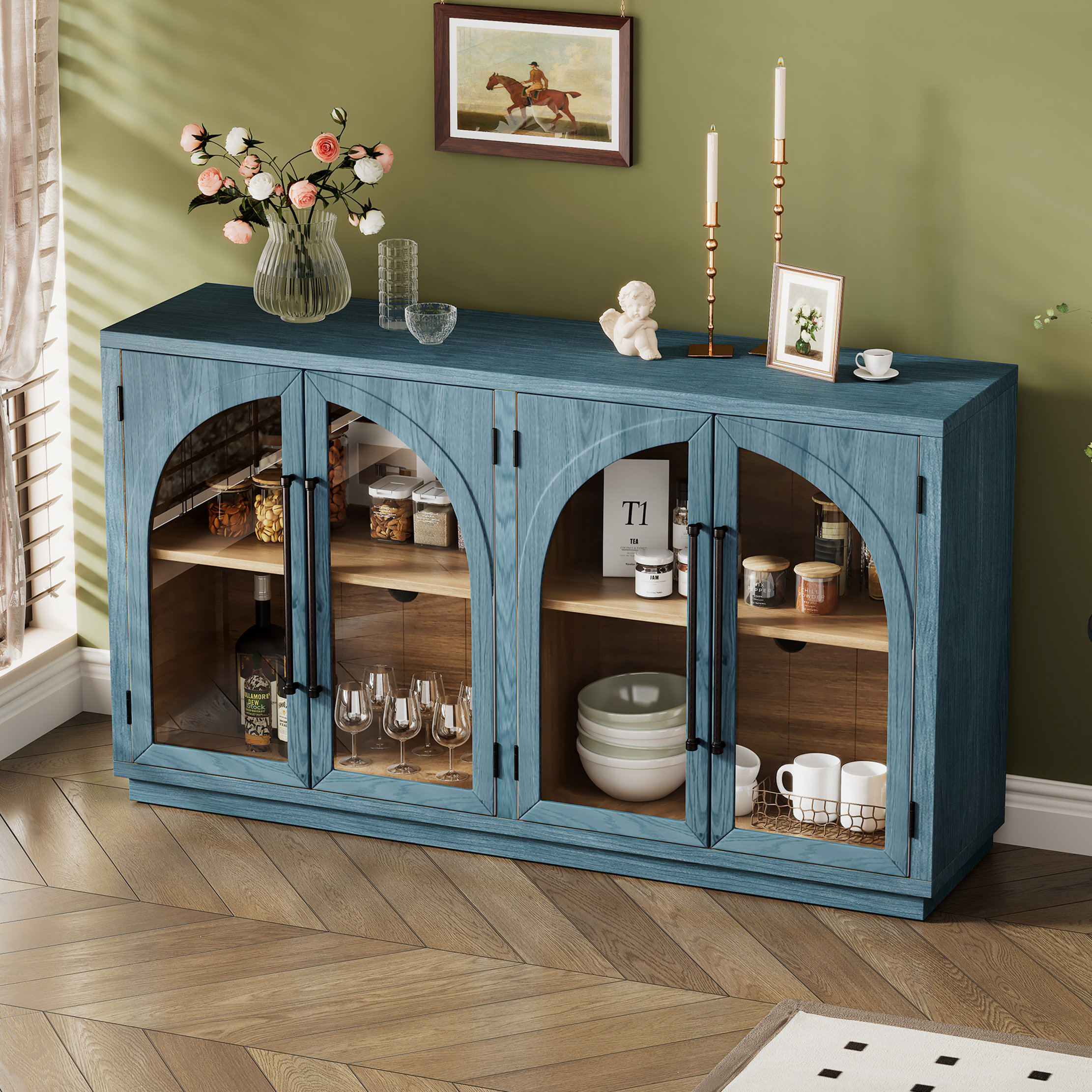 Latitude Run® 4-Door Large Storage Sideboard Buffet Cabinet With Glass Doors,Arched Cabinet With ...