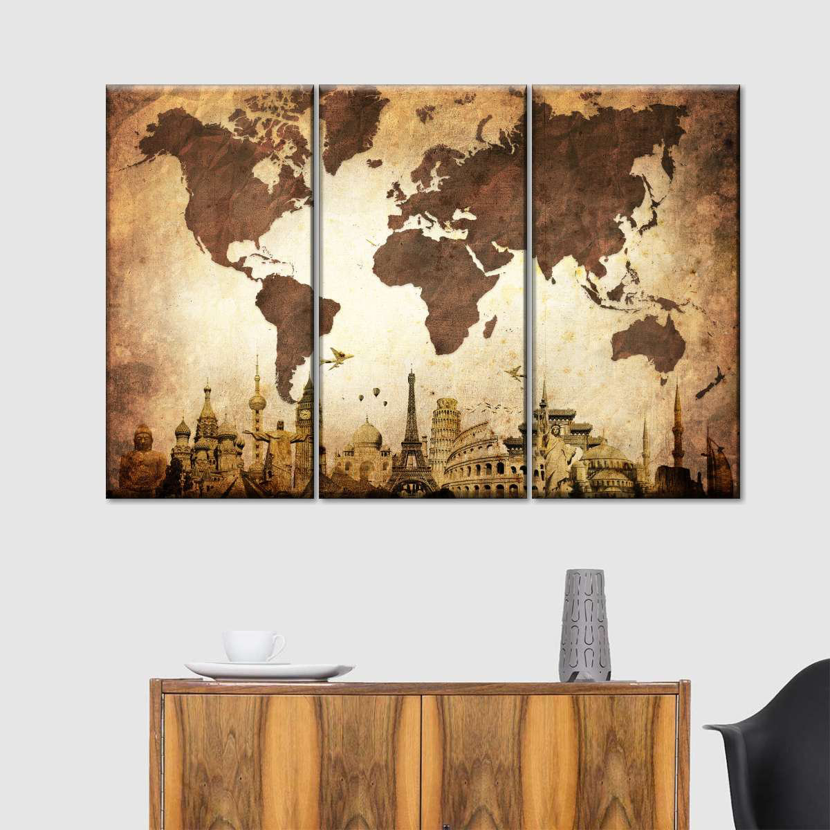 Elephant Stock World Map Wrinkled Vintage World Map On Canvas 3 Pieces ...