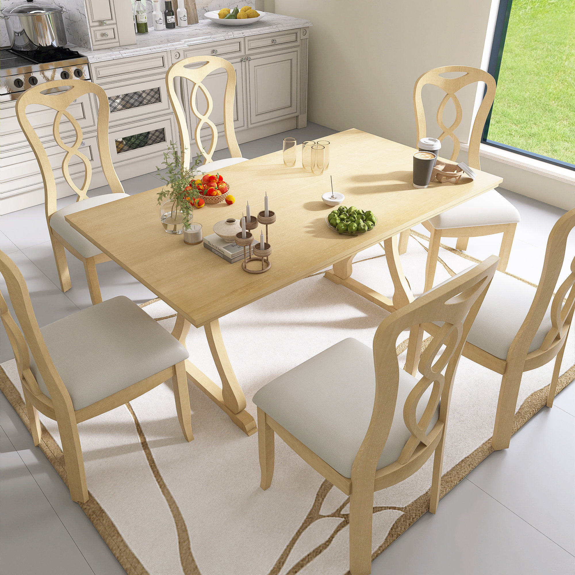 Red Barrel Studio® 7-Piece Trestle Dining Table Set With Upholstered Dining Chairs - Smooth ...