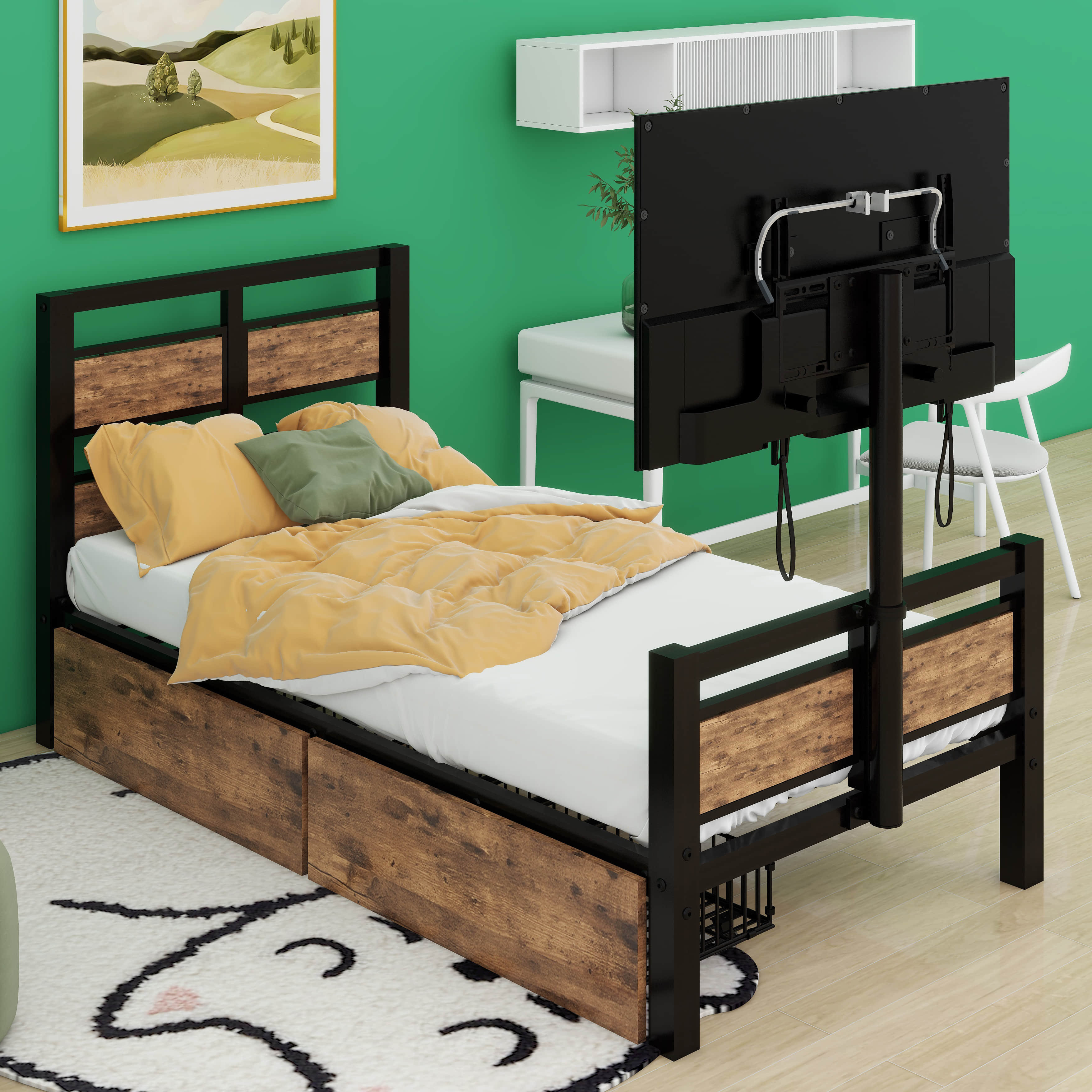 17 Stories Selvet Twin Size Metal Platform Bed with Two Drawers and ...