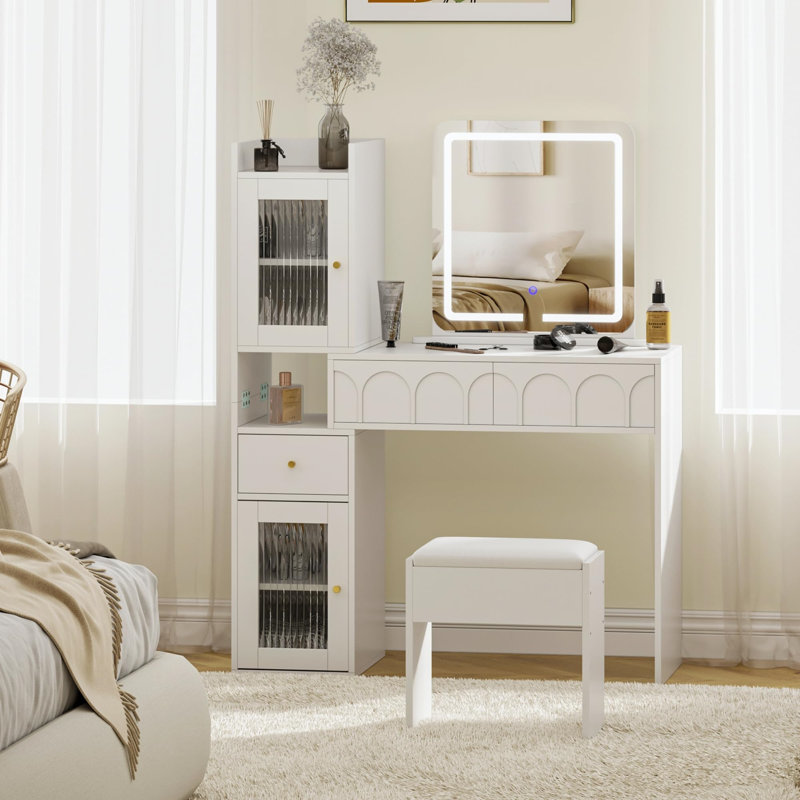 Brayden Studio Dressing Table With Mirror And Stool, Modern Vanity ...
