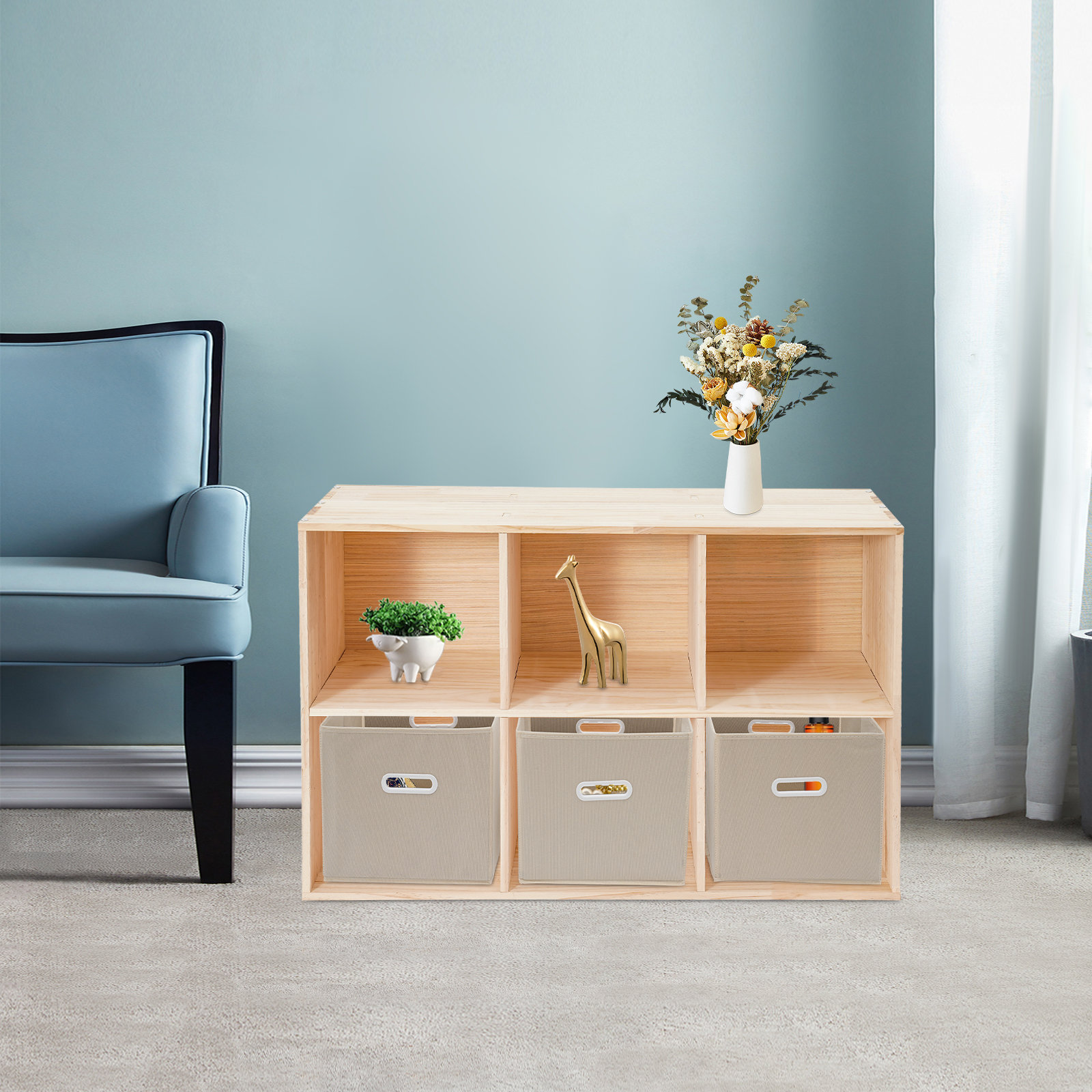 Ebern Designs 2 Tier Solid Wood Cube Shelf Bookcase With 3 Fabric ...