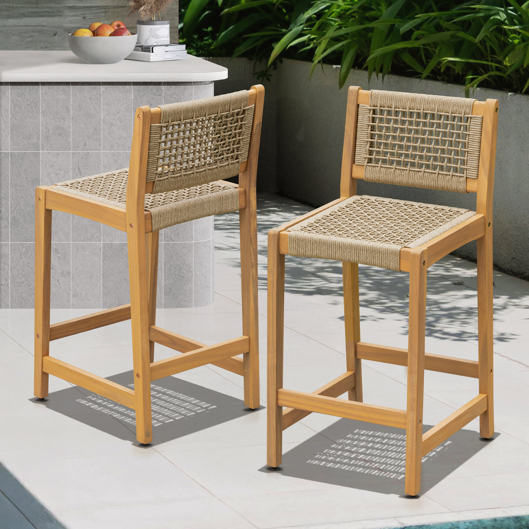 George Oliver Luca Premium Rope Counter Stool – Teak Finish, Light Gray ...