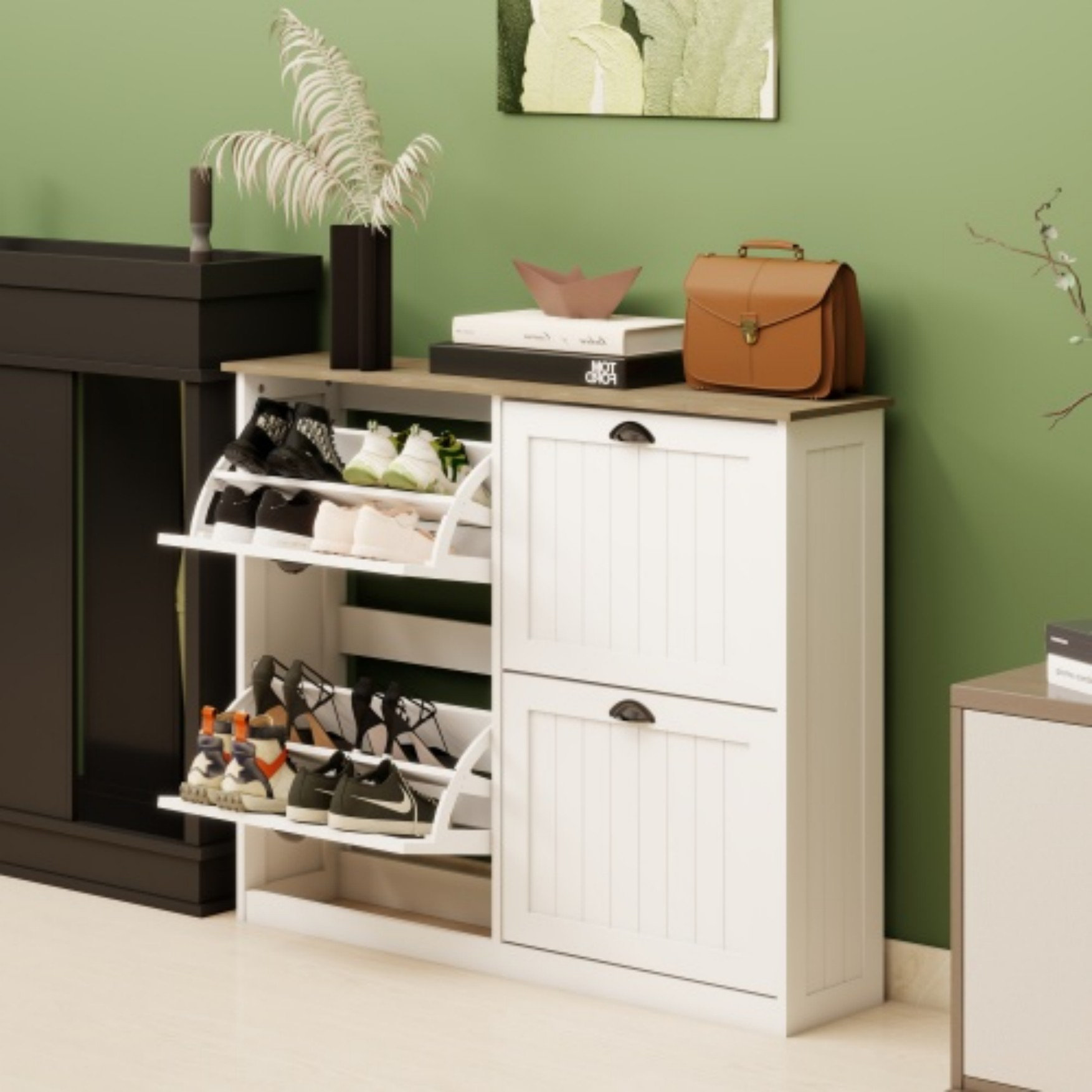 Latitude Run® Shoe cabinet with 4 flip-out drawers, freestanding shoe ...