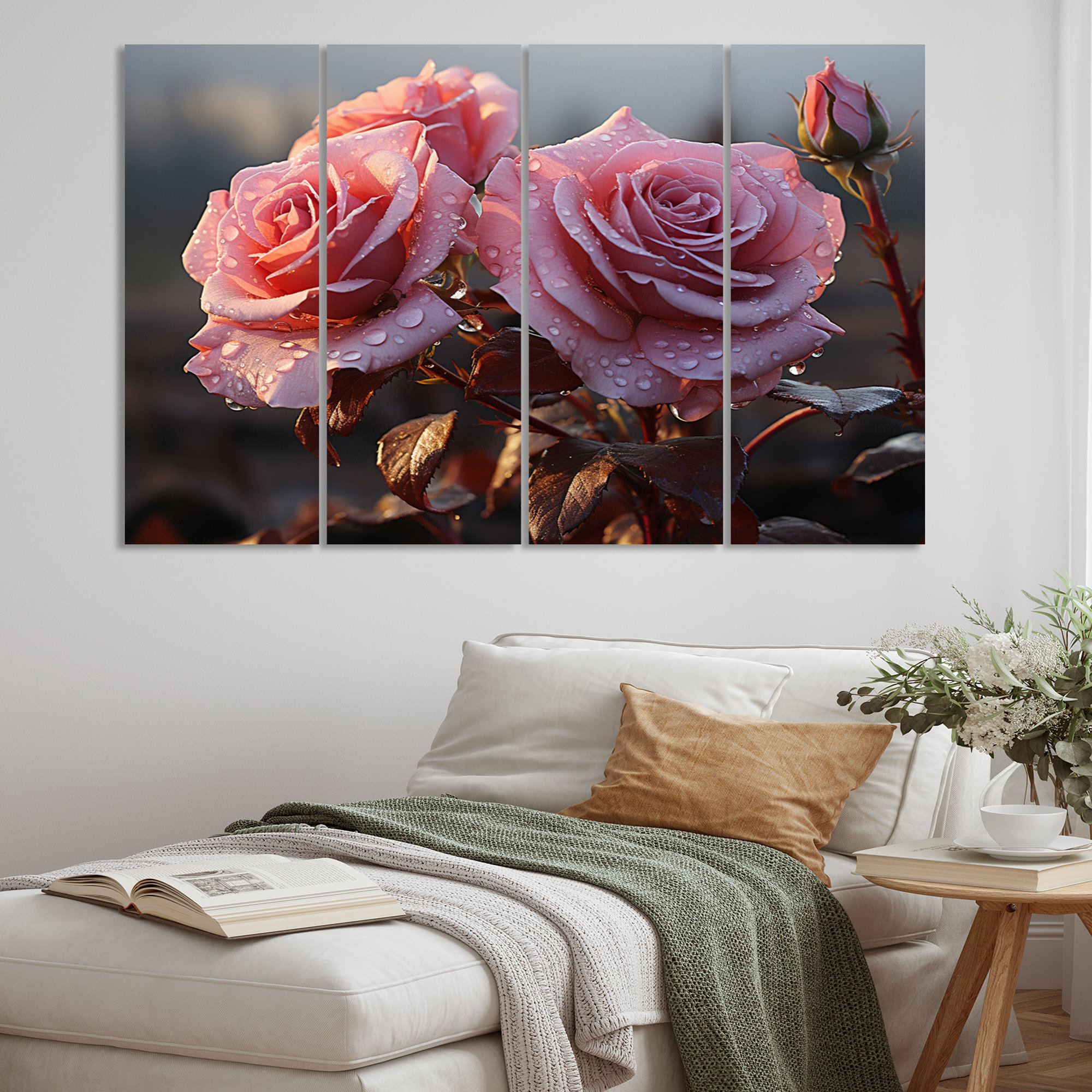 Ebern Designs Pink Roses Morning Gloss - Floral Canvas Prints - 4 ...