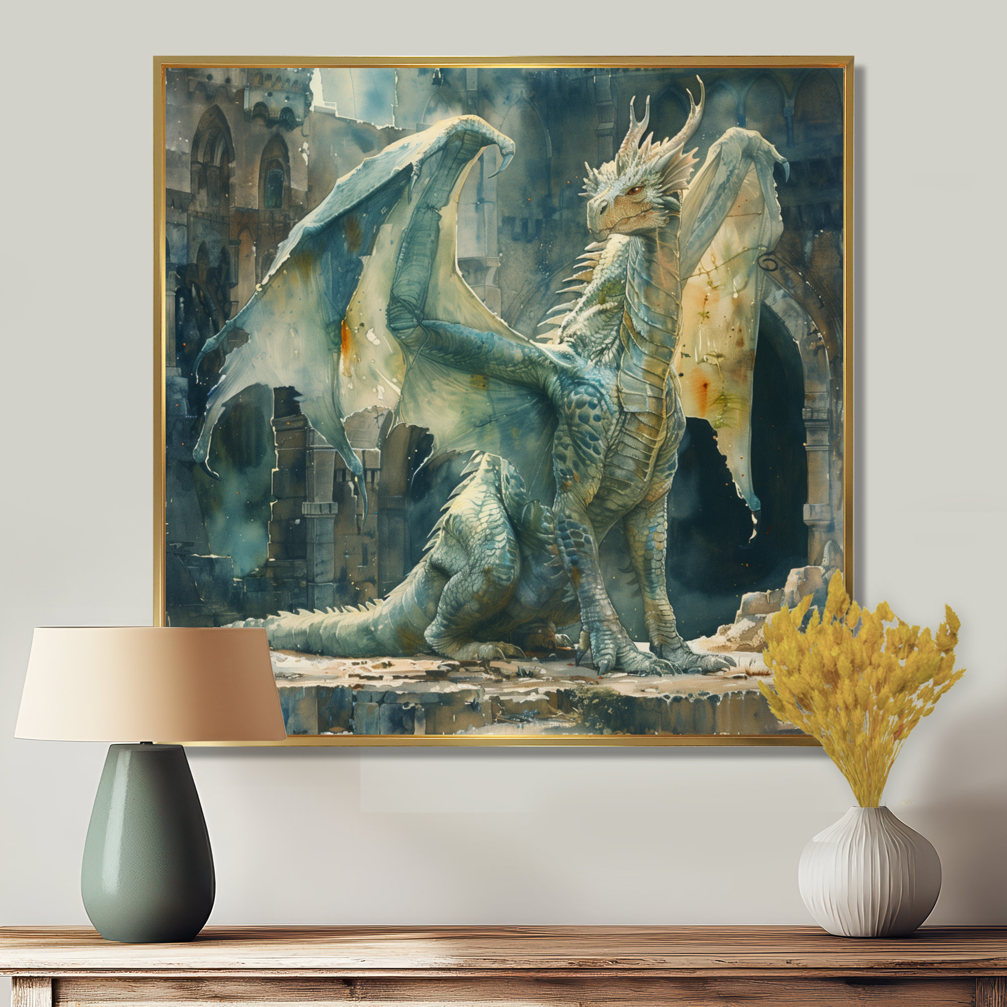 Trinx Green Ancient Ruins Dragon I - Dragons Wall Art Living Room | Wayfair