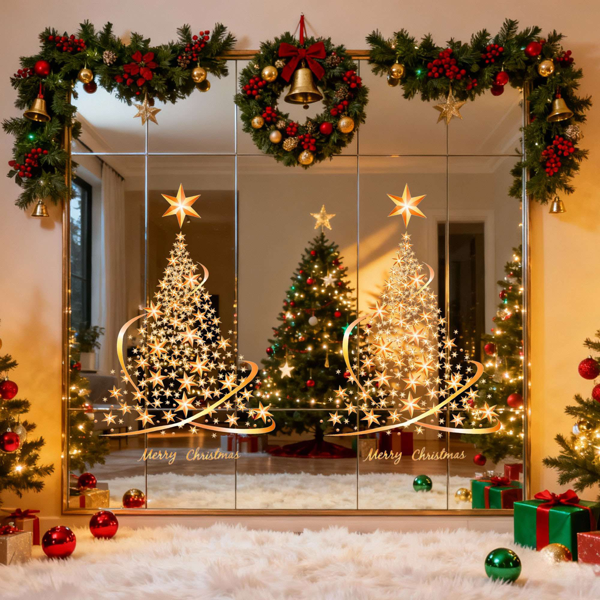 The Holiday Aisle® 2 Pack Golden Christmas Tree Window Clings Stickers ...