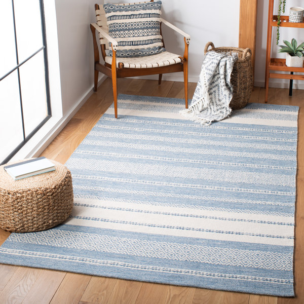 Mistana™ Addilynn Striped Hand-Woven Flatweave Cotton Blue/Cream Area ...
