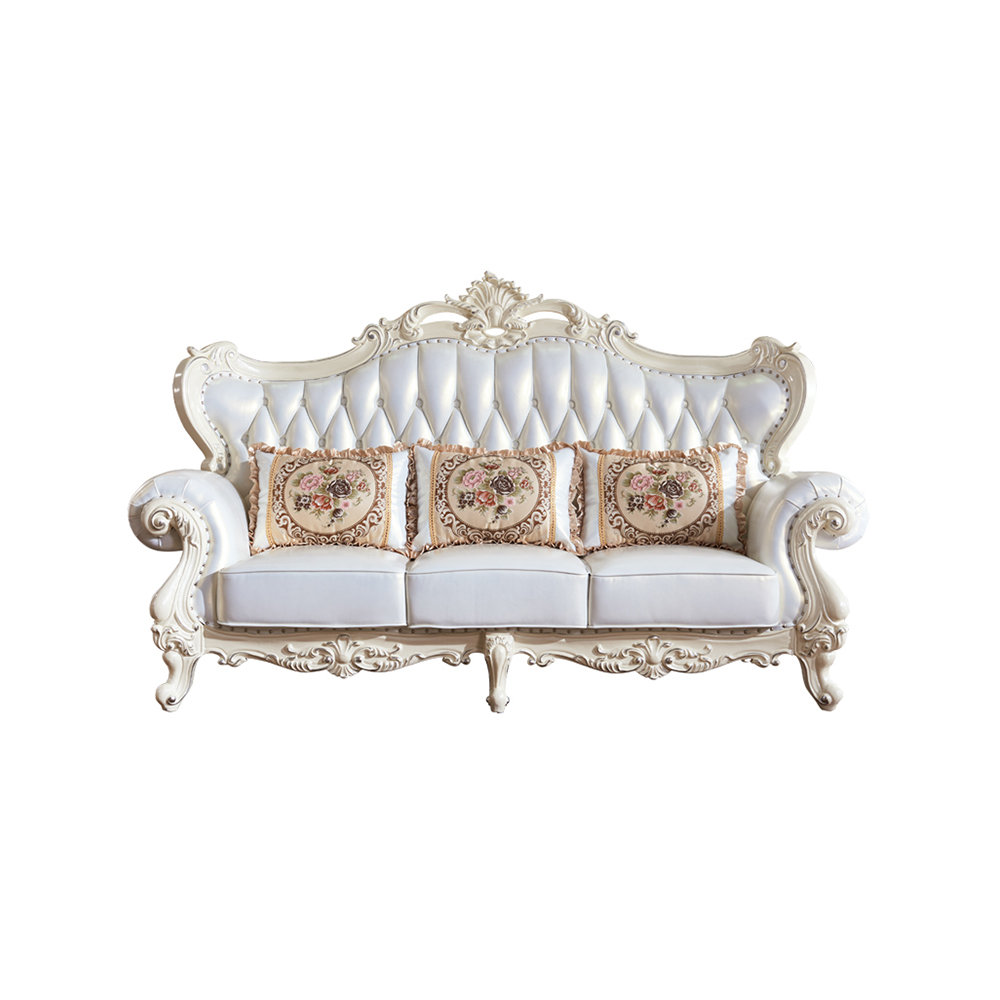 Romero European Classic Solid Wood Carved Leather Sofa 88.5'' Genuine ...