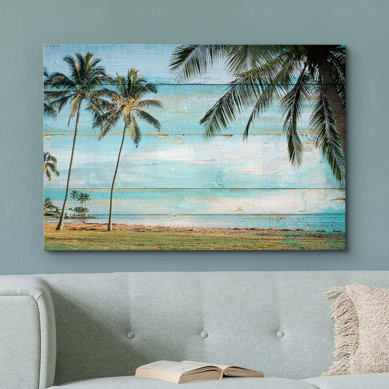 IDEA4WALL Coastal Beach Wood Effect Panel Tropical Palm Tree Sky ...