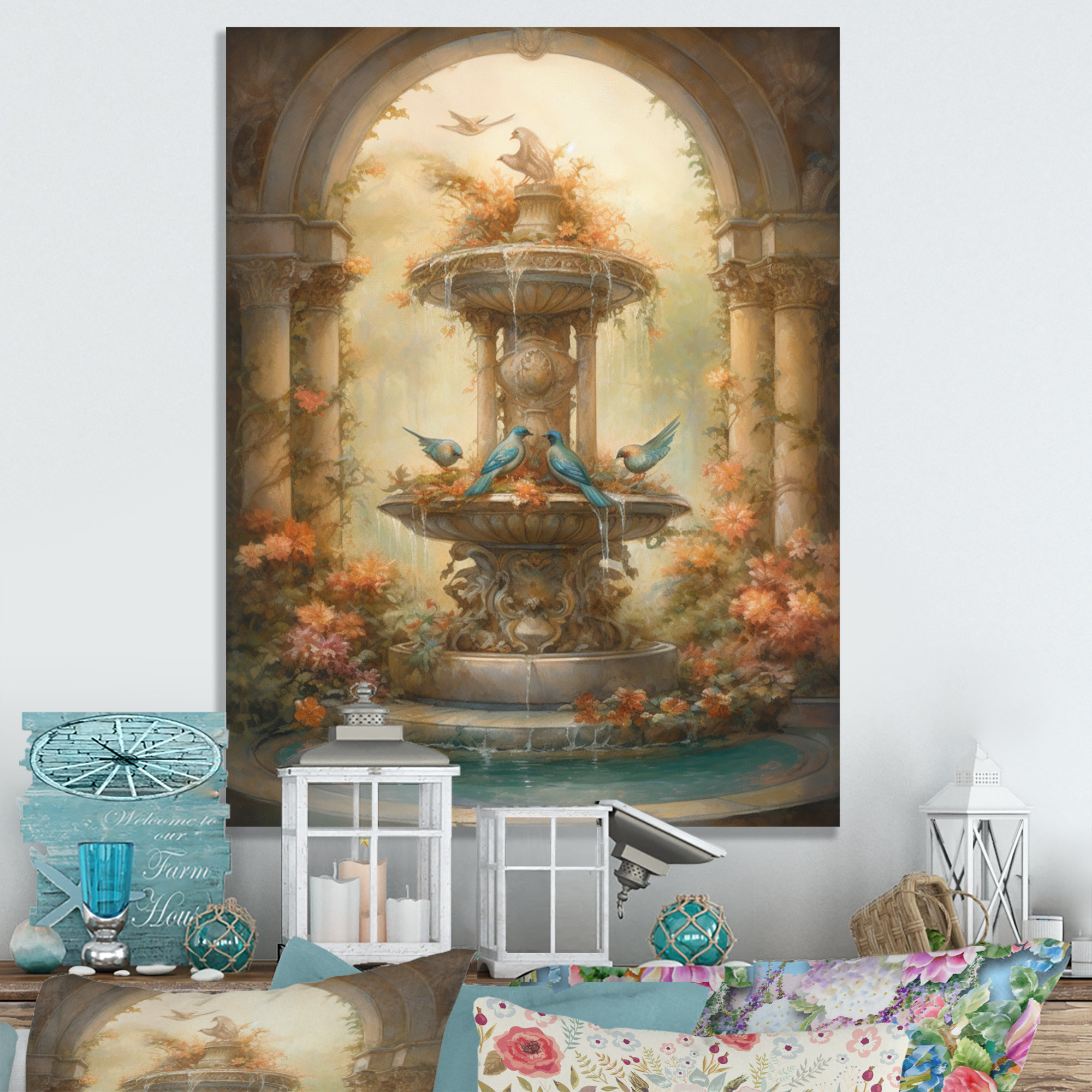 Astoria Grand Routte Floral Fountain and Birds I - Print | Wayfair