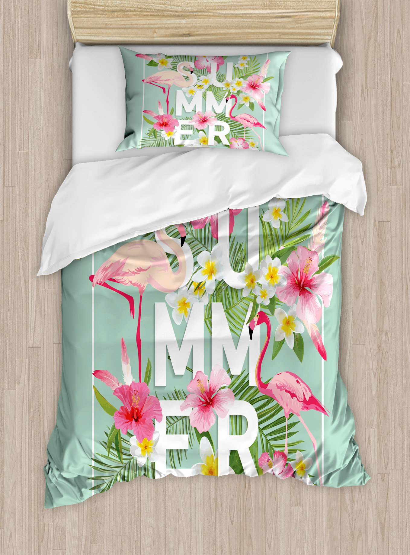 Ambesonne Tropical Flower with Flamingos Retro Wedding Romance Petals ...