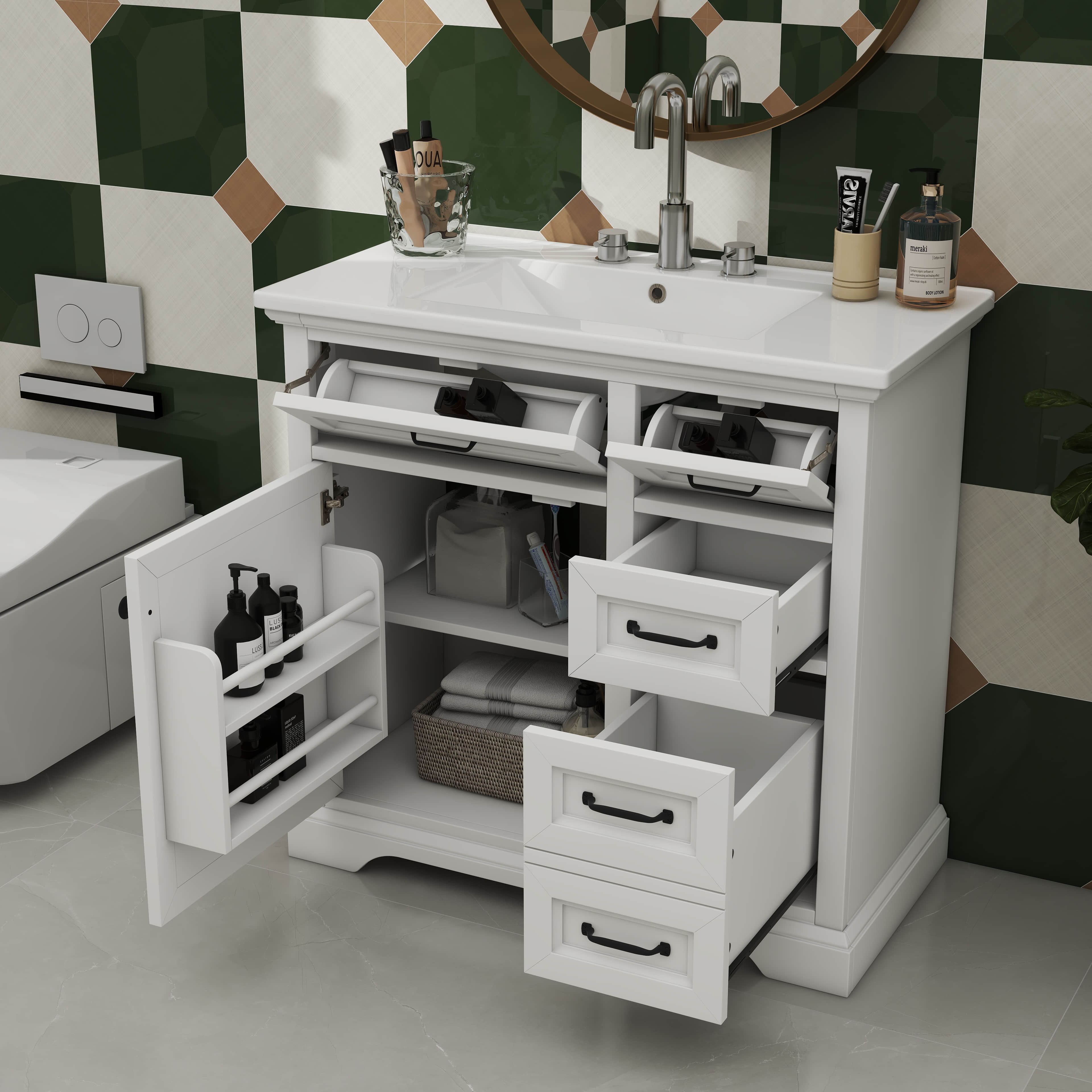 Ebern Designs 36-Inch Bathroom Vanity With Sink, Ceramic Basin, 2 Front ...