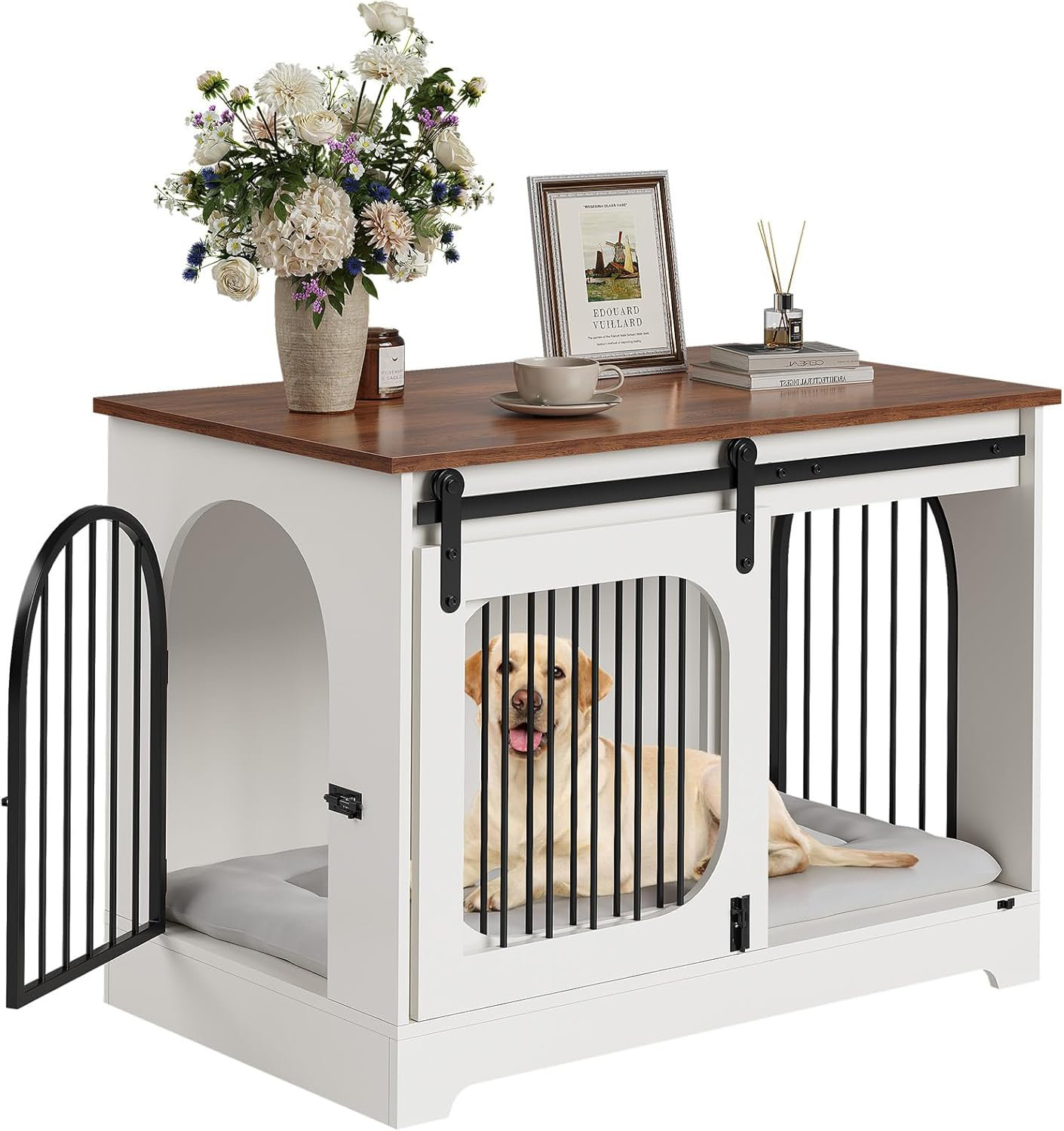 Latitude Run® 39.4" Dog Crate Furniture with Bed Mat, Wooden Medium Dog ...