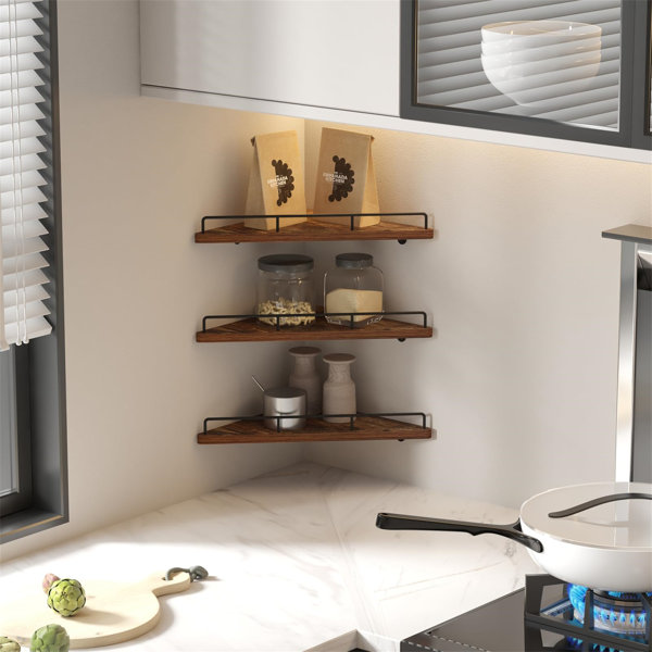 17 Stories Floating Corner Shelf Wall Mounted Rustic Wood Set Of 3 ...