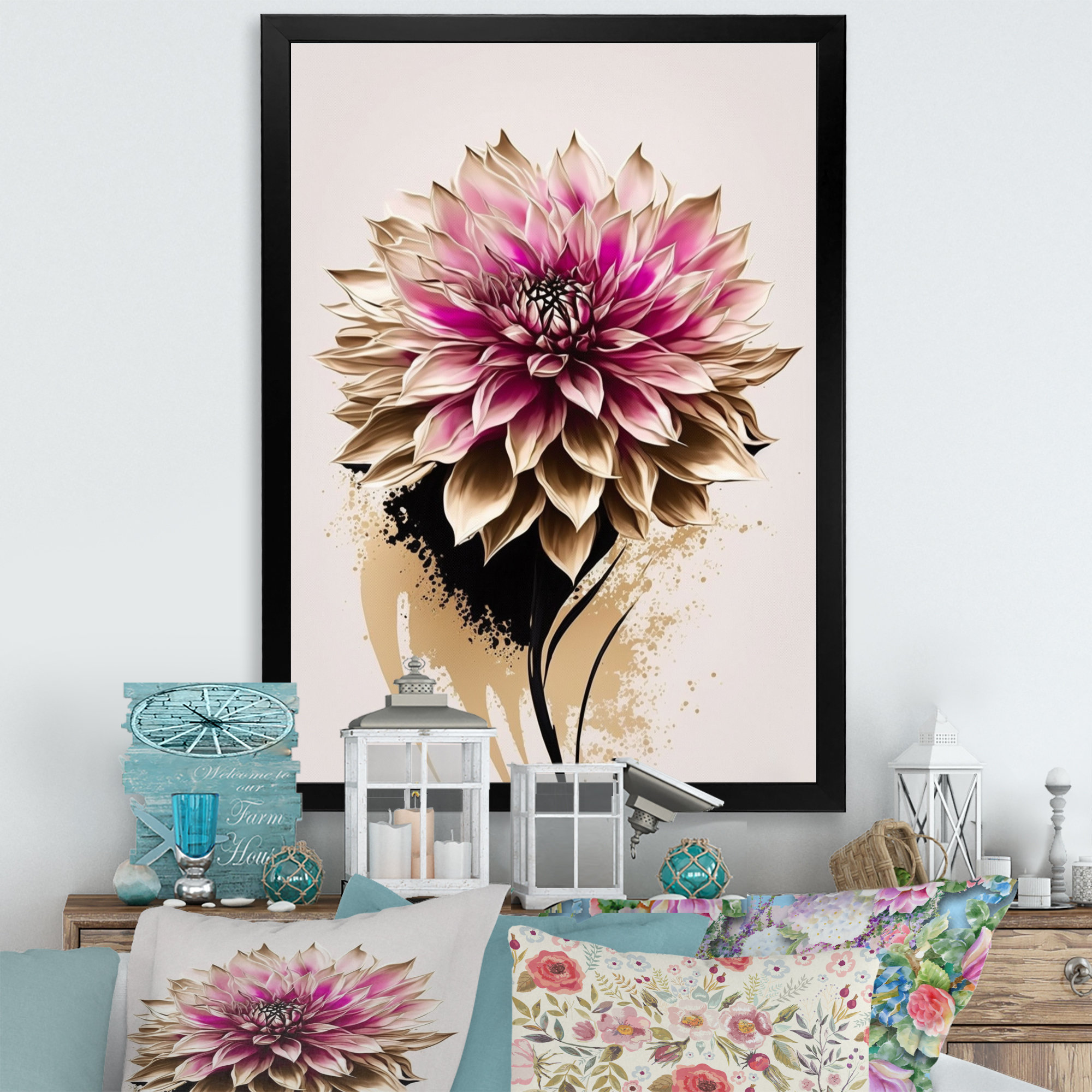 Red Barrel Studio® Pink Dahli Flower on Abstract Fusion - Graphic Art ...