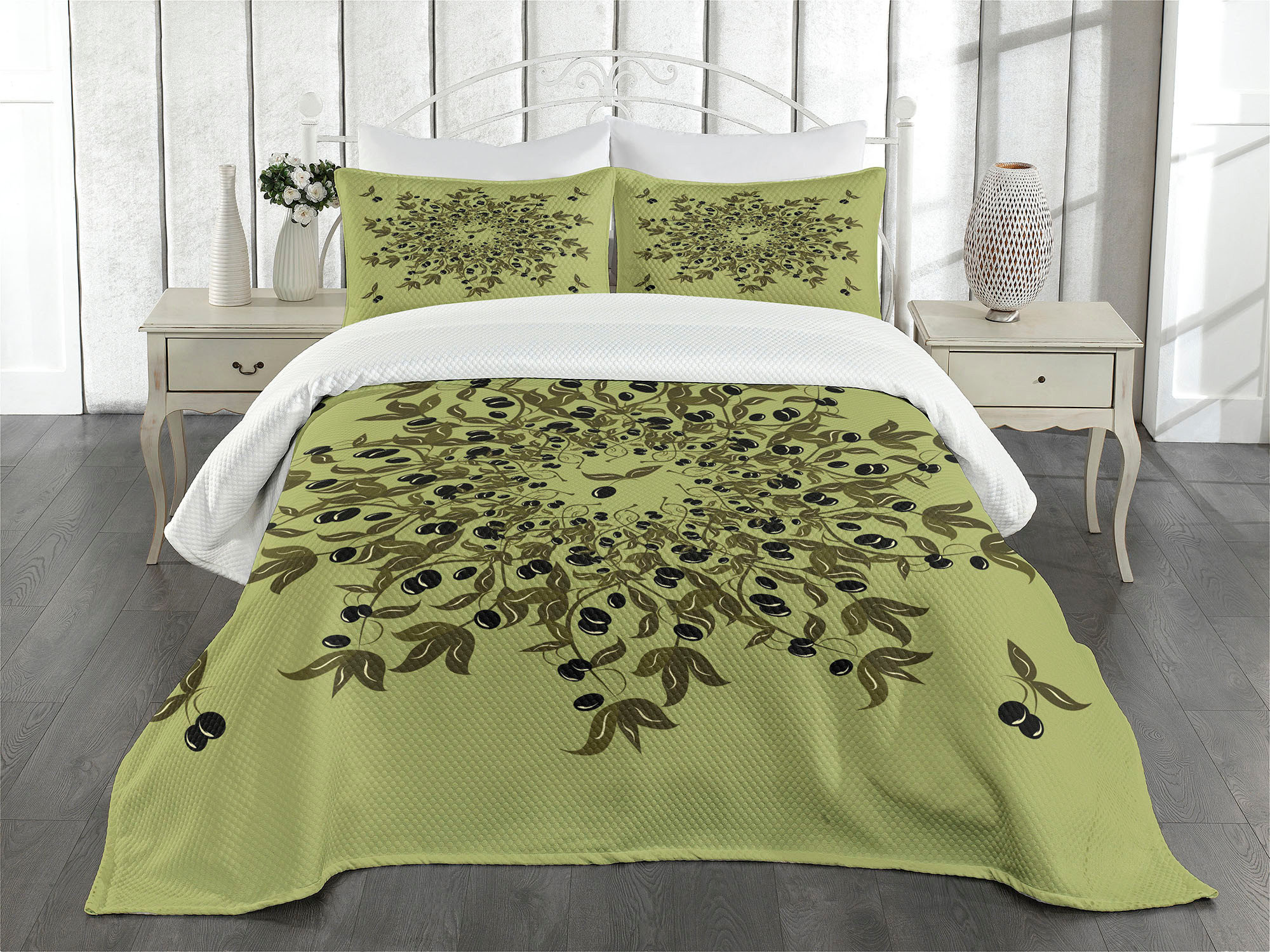 Ambesonne Olive Green Bedspread Set Fruit Branches Olive Green Green ...