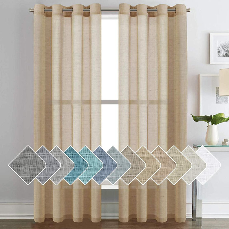 Ebern Designs Hywell Soft Linen Plaid Semi-Sheer Grommet Curtain Panels ...