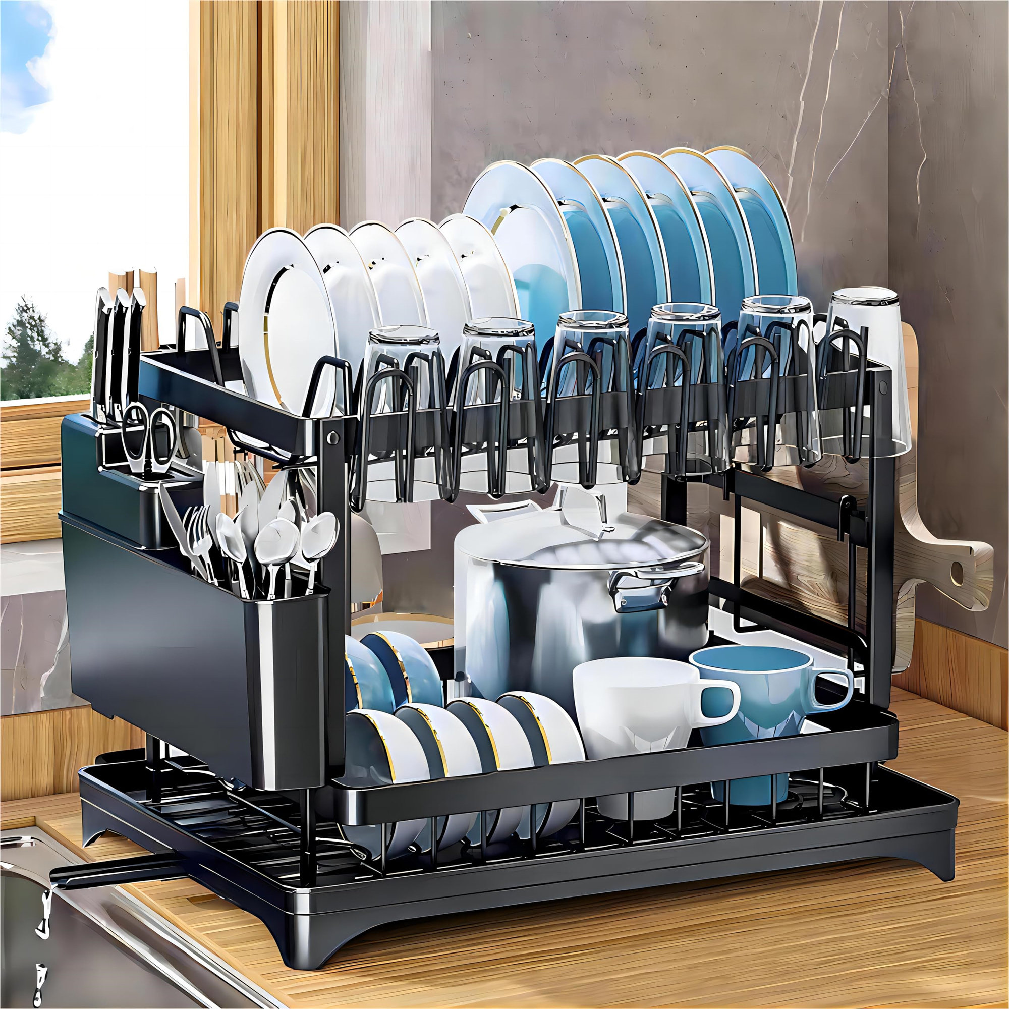 doitbest 2-Tier Space-Saving Dish Drying Rack with Drainboard & Utensil ...