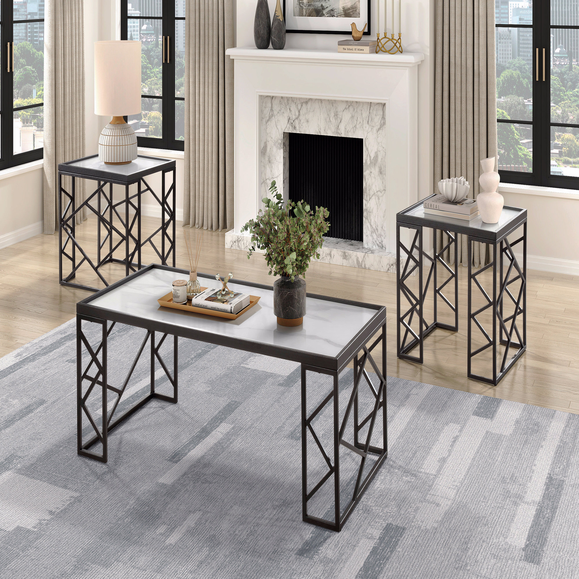 Latitude Run® Occasional 3Pc Tables Set Tempered Glass Top Coffee Table ...