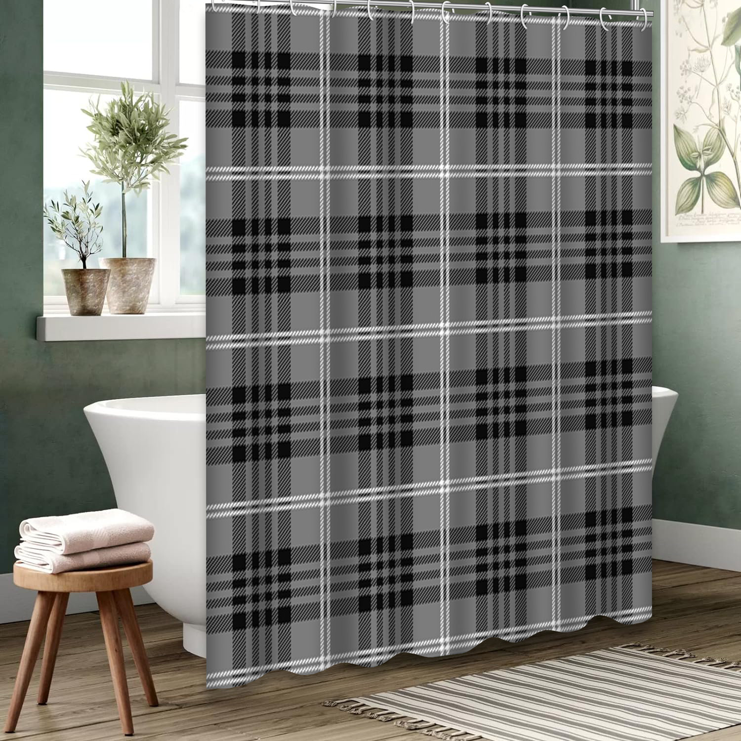 East Urban Home Black Gray White Waterproof Shower Curtain,Plaid Check ...