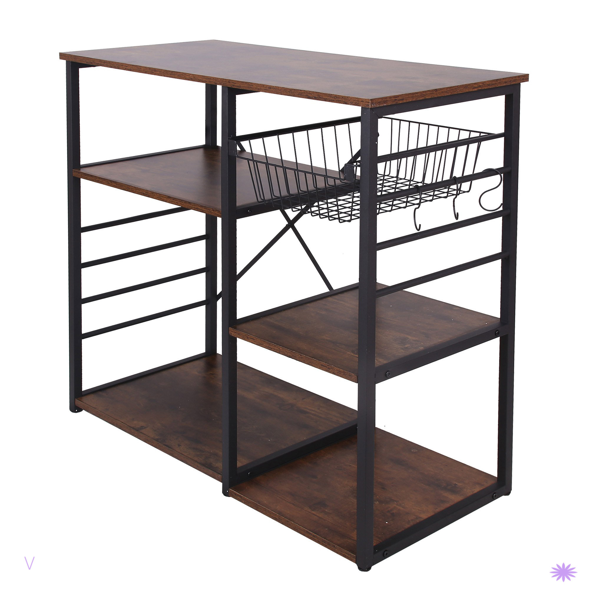 17 Stories Wood And Metal Bakers Rack With 4 Shelves And Wire Basket ...