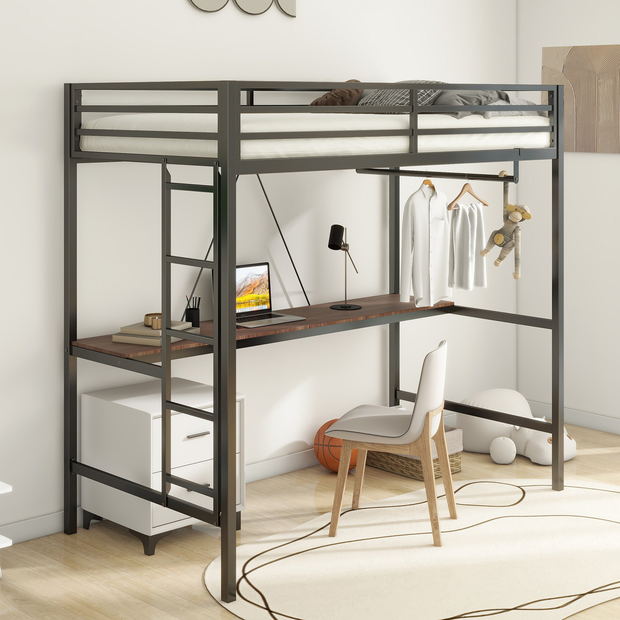 Mason & Marbles Sturdy Loft Bed With Cinnamon Wood Desk And Closet Rod ...