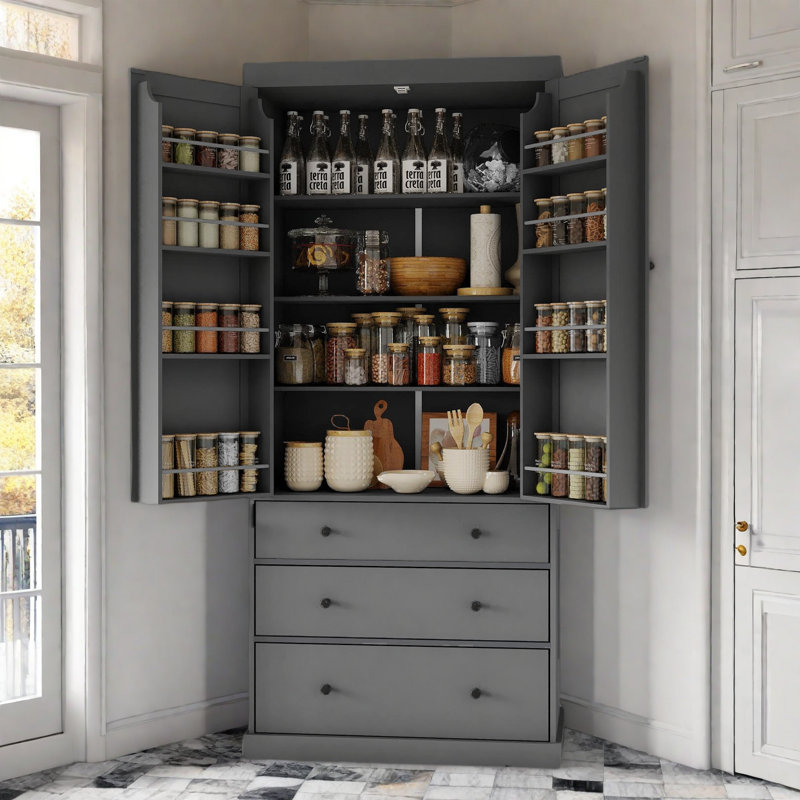 Lark Manor Farmhouse Kitchen Pantry With 3 Adjustable Shelves, 8 Door ...