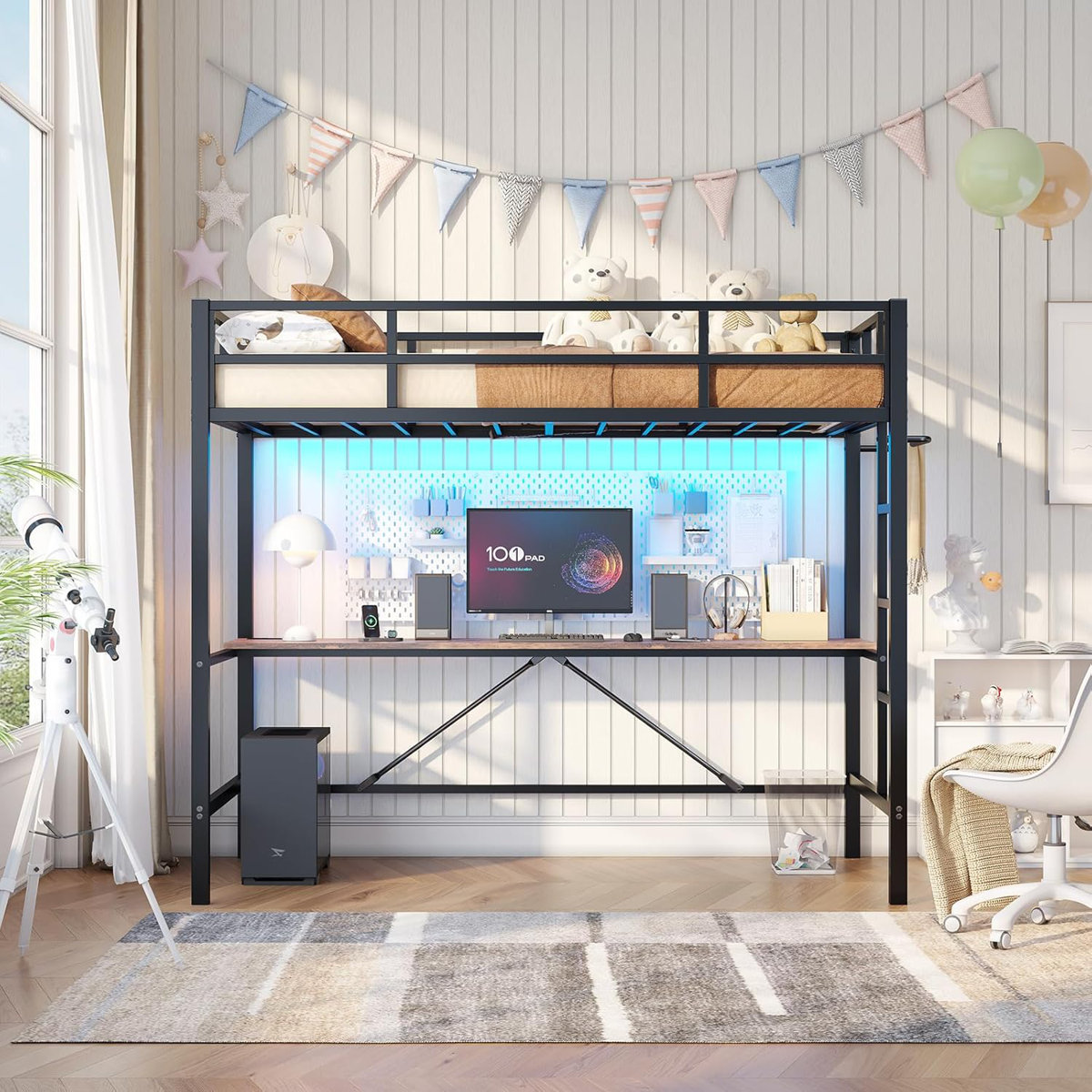 Mason & Marbles Loft Bed Twin Size With Desk, Metal Twin Loft Bed With ...