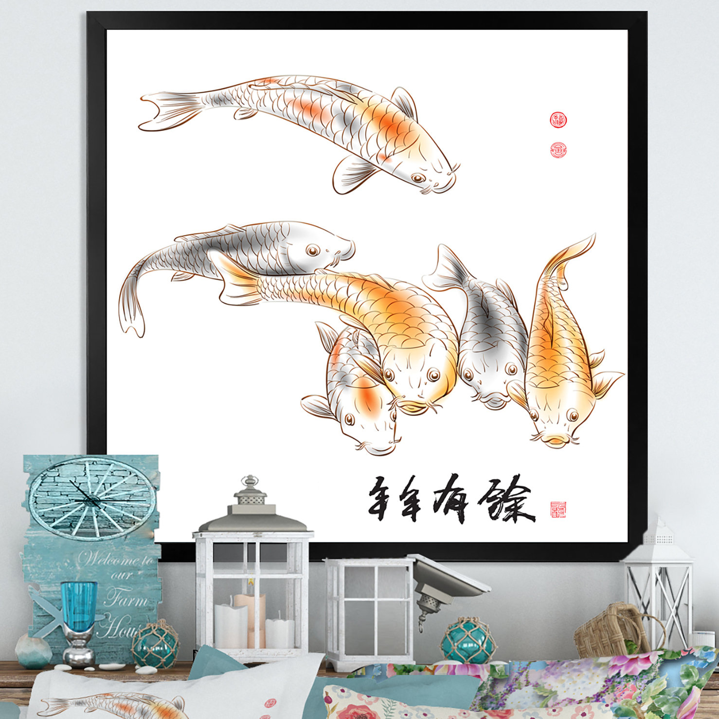 Bay Isle Home™ Chinese Carp Ink Painting - Traditional Canvas Wall Art ...
