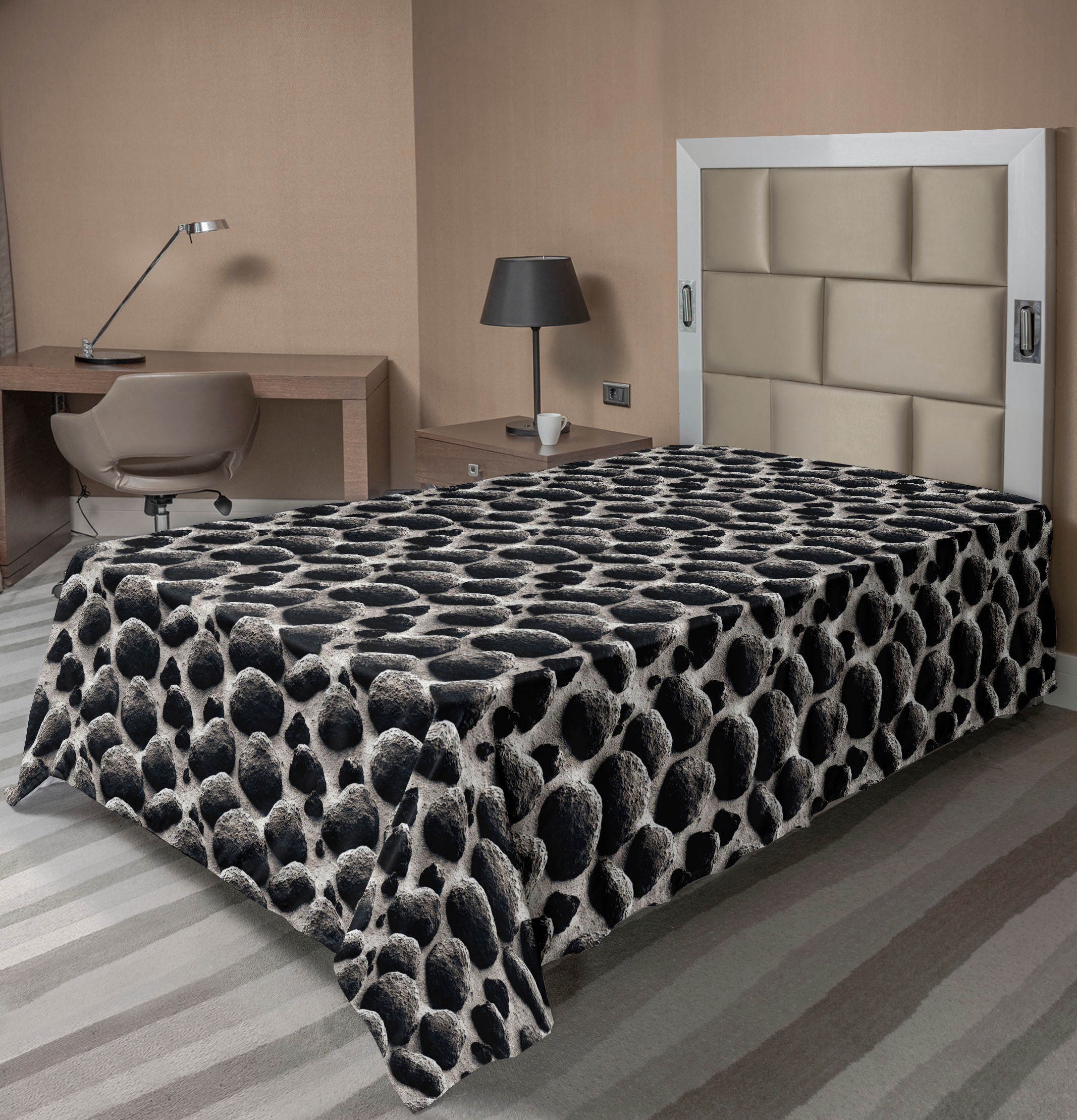 Ambesonne Stone Print Flat Sheet Boulder Coastal Pattern Dark Grey and ...