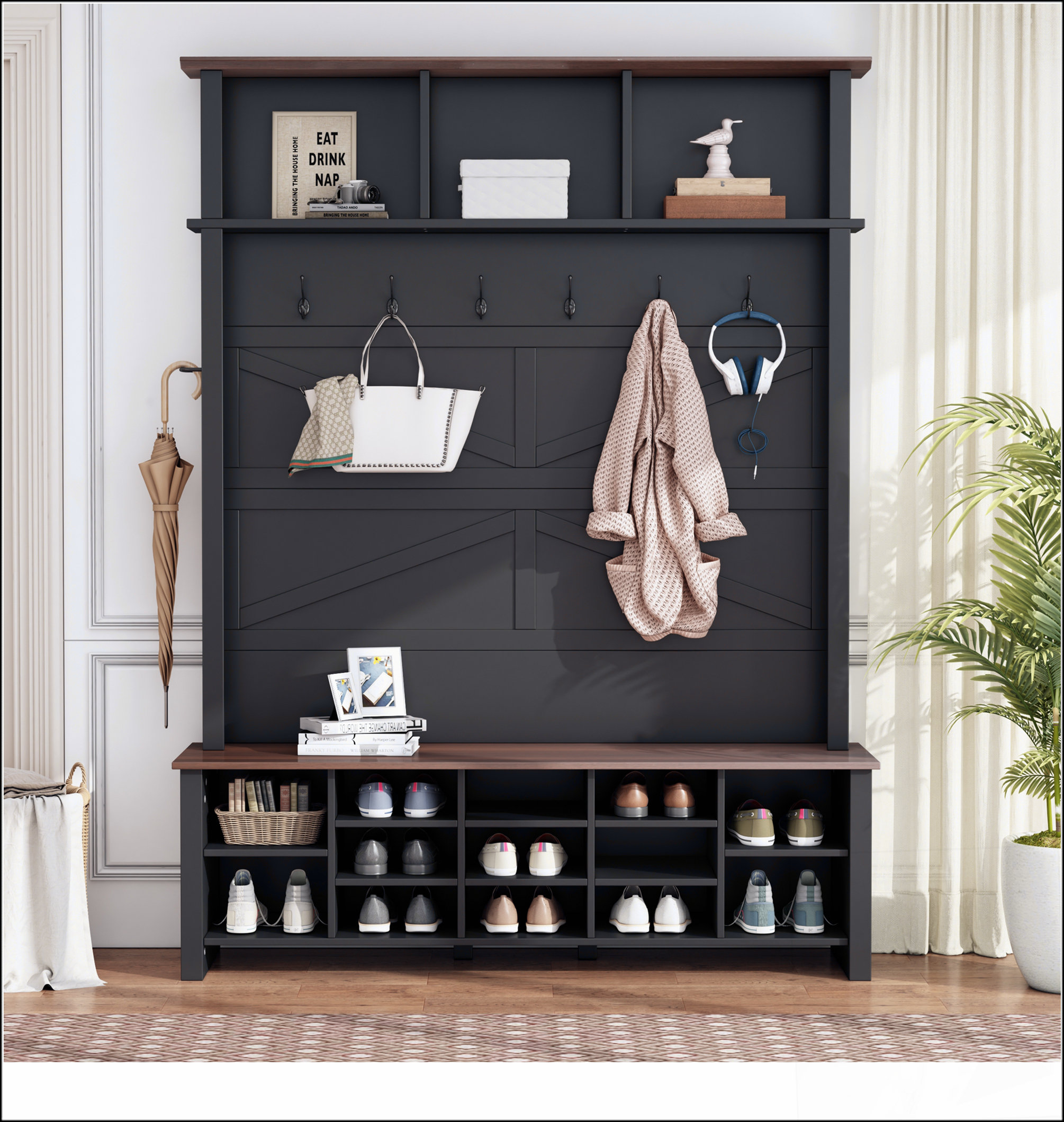 Gracie Oaks Farmhouse 4-in-1 Hall Tree with 6 Hooks, Practical Walnut ...