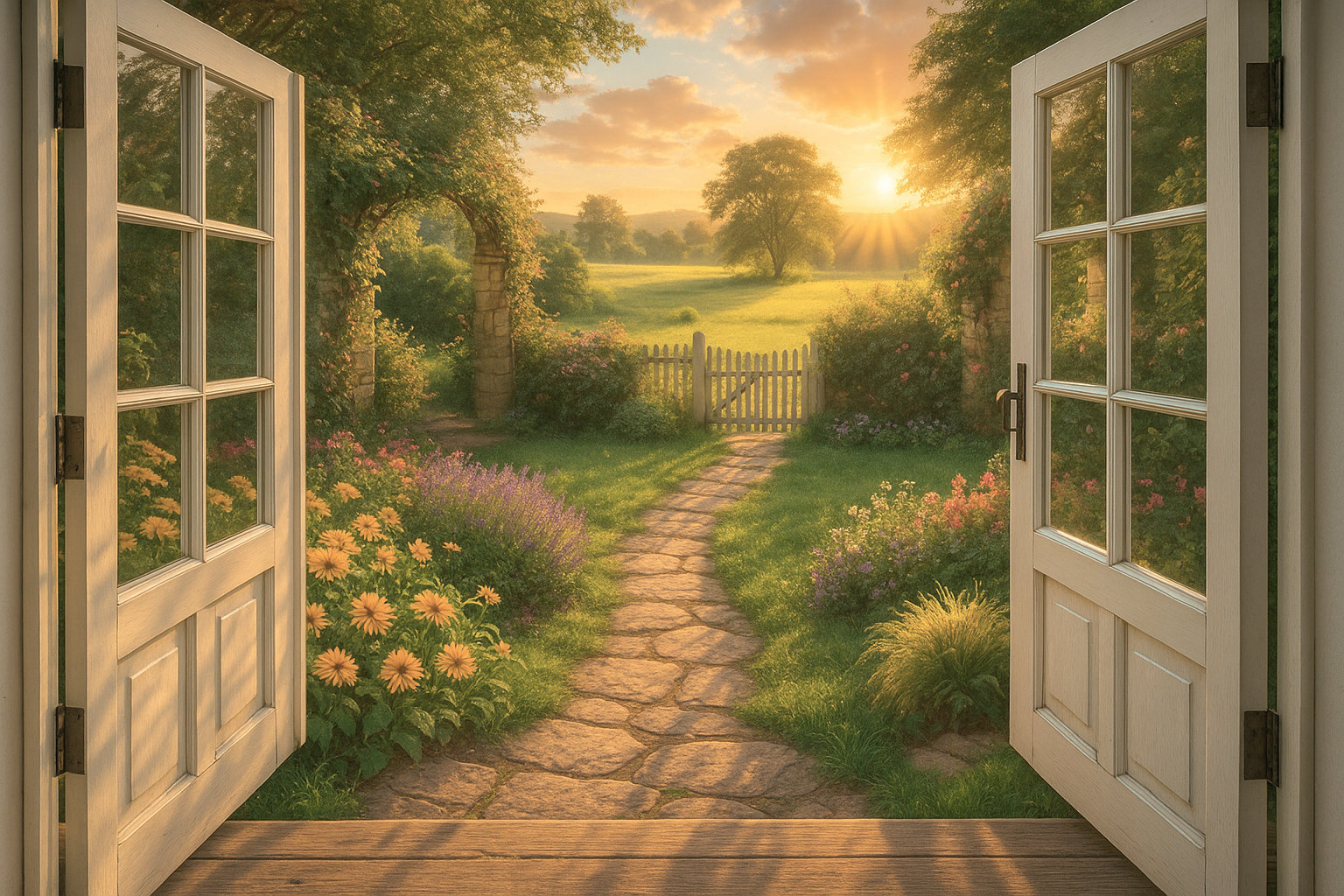 Lark Manor™ Sunrise Garden Gate - Country Landscape Through Open Door ...