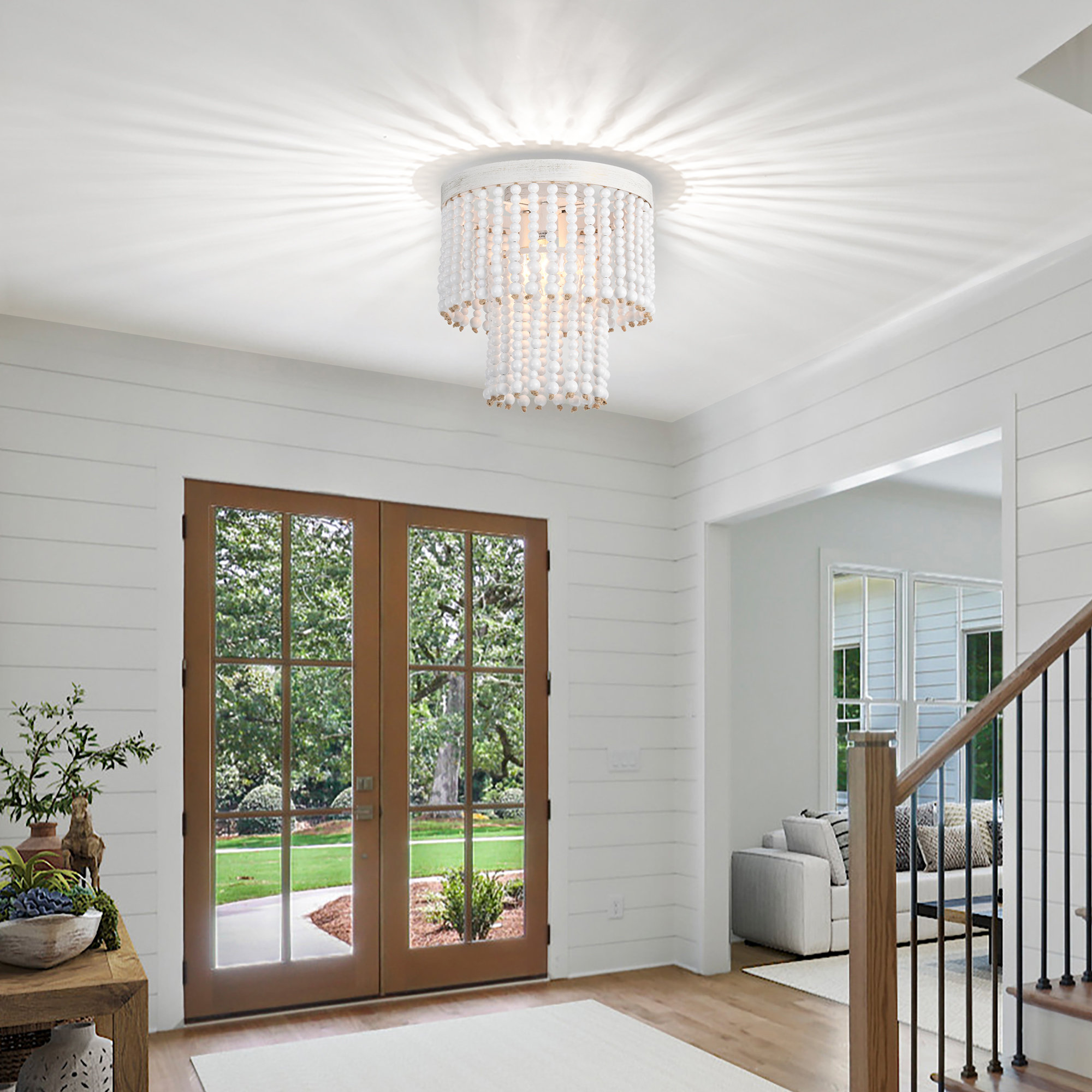 Dakota Fields Wooden Bead Chandelier White Ceiling Light Flush Mount 3 ...