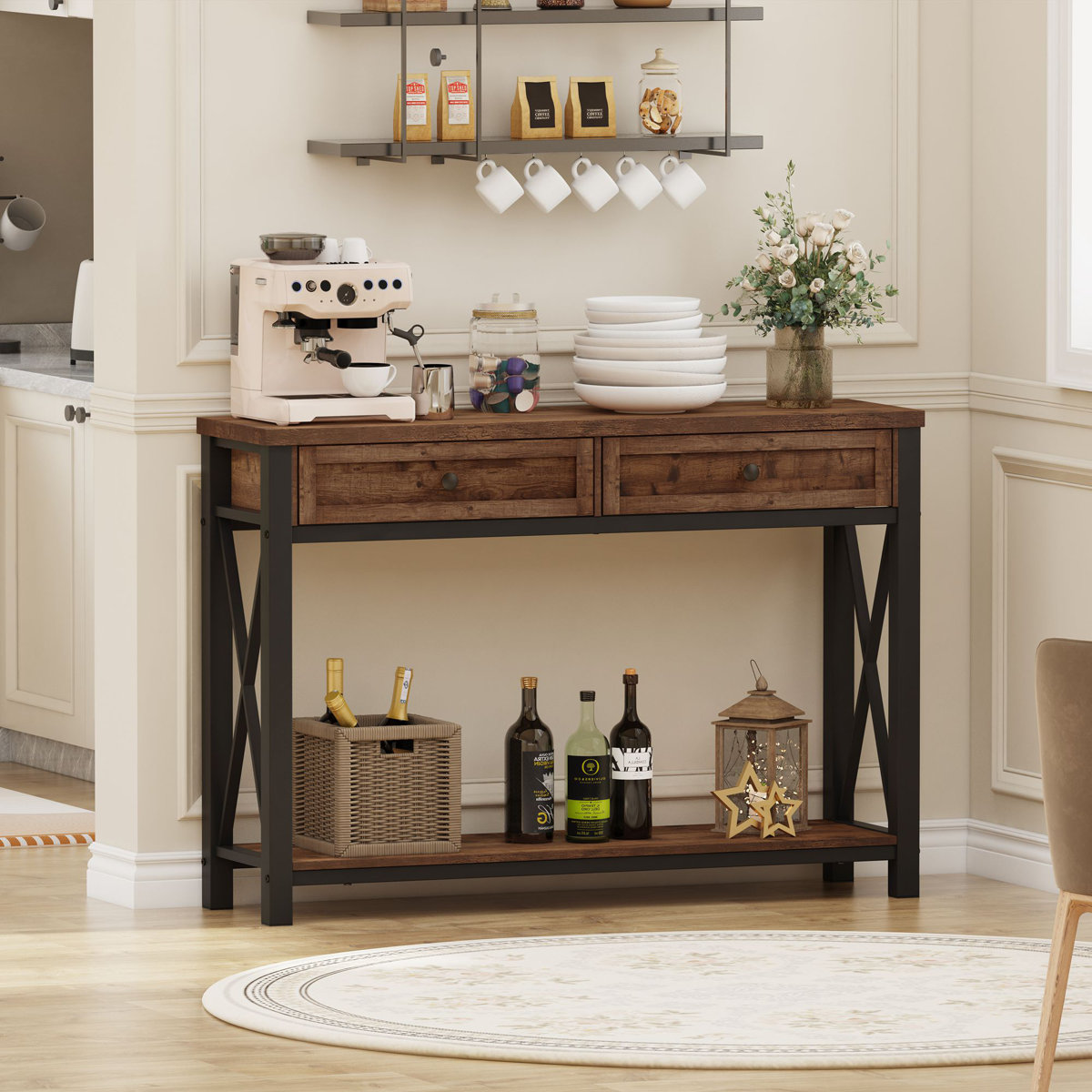 17 Stories Aust 47.24'' Console Table With Drawers, Wood And Metal Sofa ...