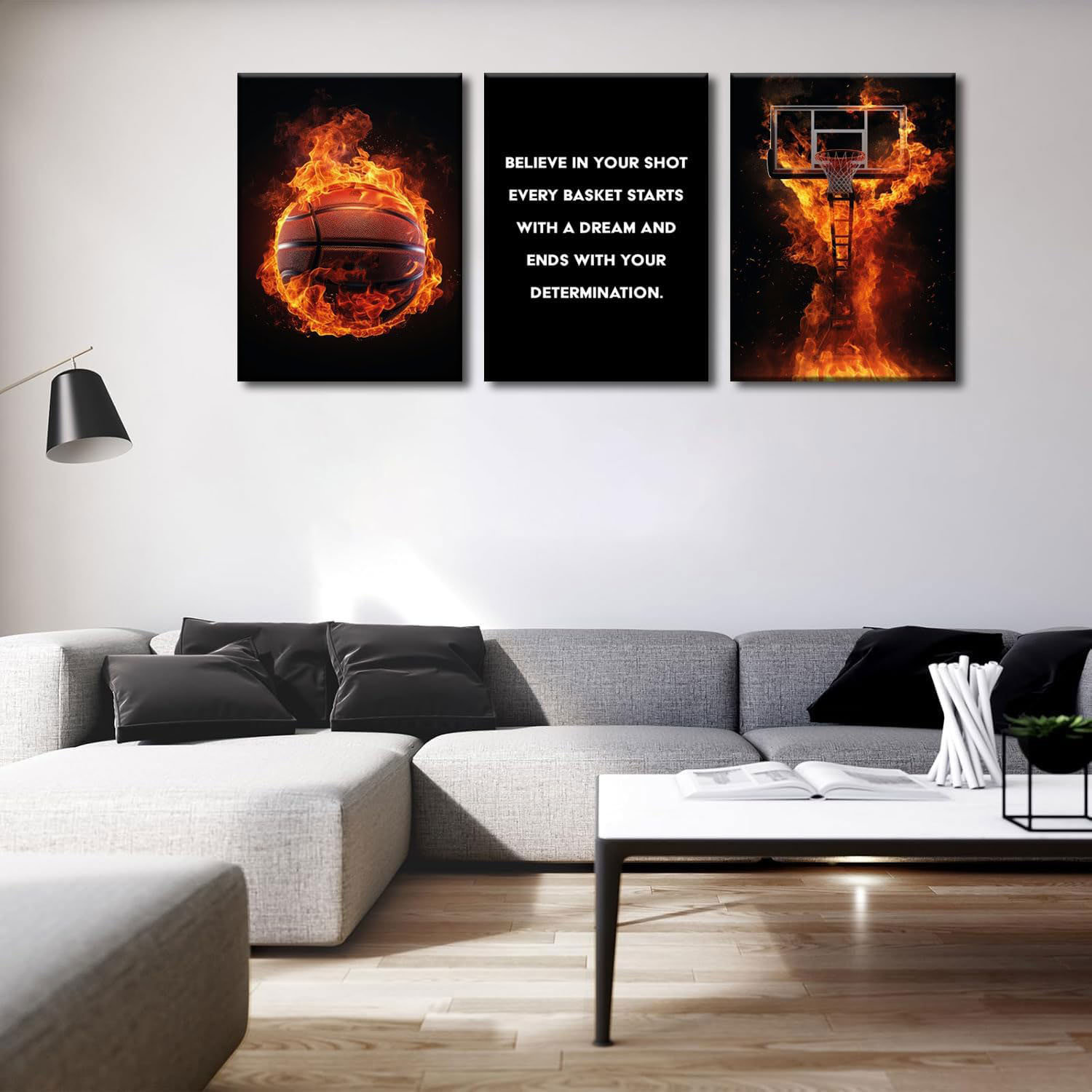 Trinx 3Pcs Basketball Canvas Wall Art Basketball Court Wall Decor Picture Flame Basketball ...
