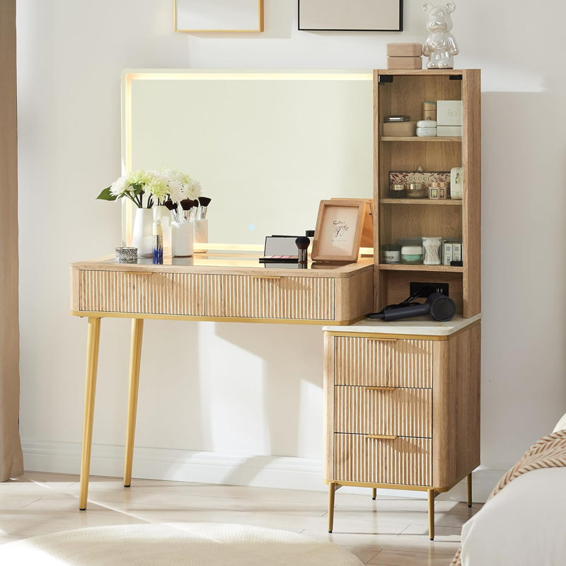 Mercer41 Zadia 48" Makeup Vanity with 36" Lighted Mirror, 4 Dressers ...