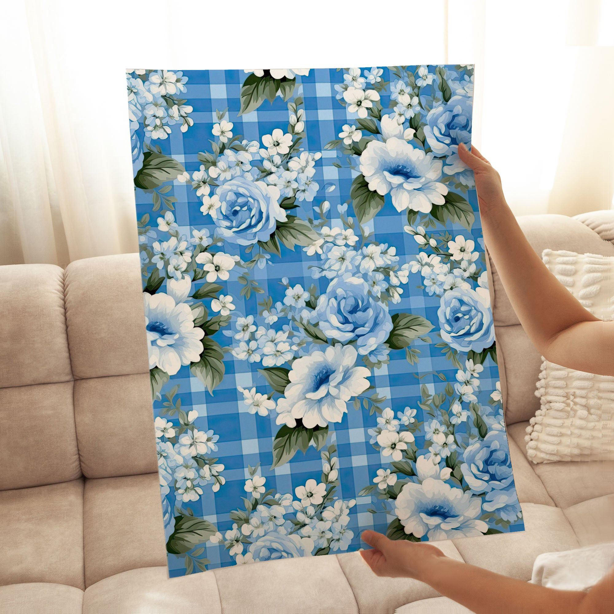 Winston Porter Floral Blue Gingham Flowers IV Shabby Chic Unframed Art ...